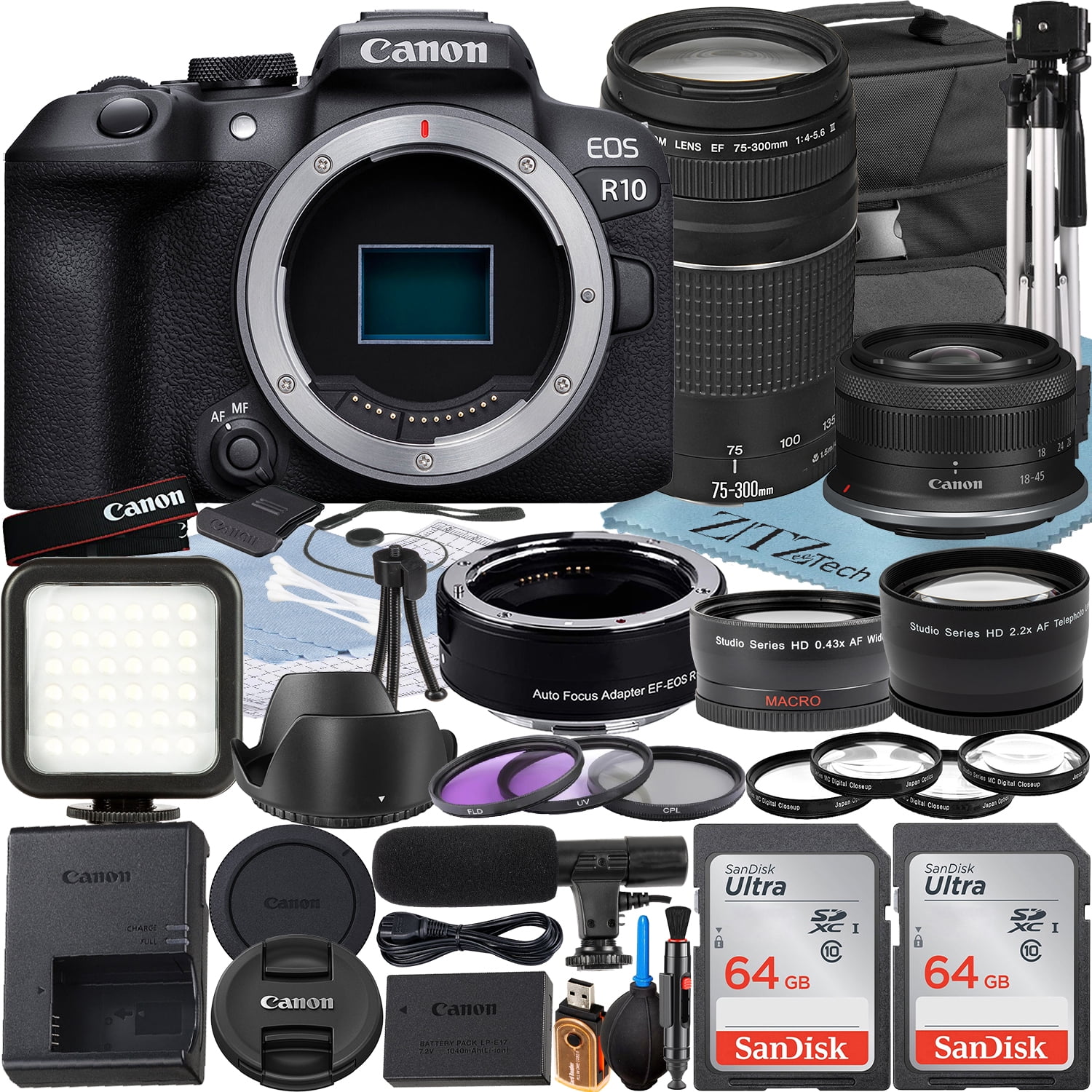 Canon EOS R10 Camera Bundle with 18-45mm, 75-300mm Lens, Adapter ...