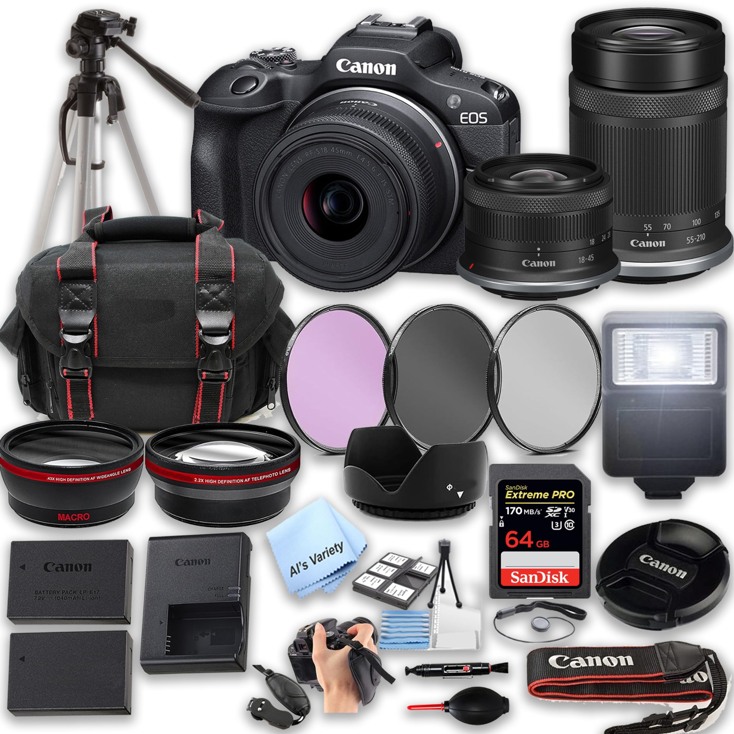 Canon EOS R100 with 18-45mm and 55-210mm Lenses, 64GB Extreme SD Card ...