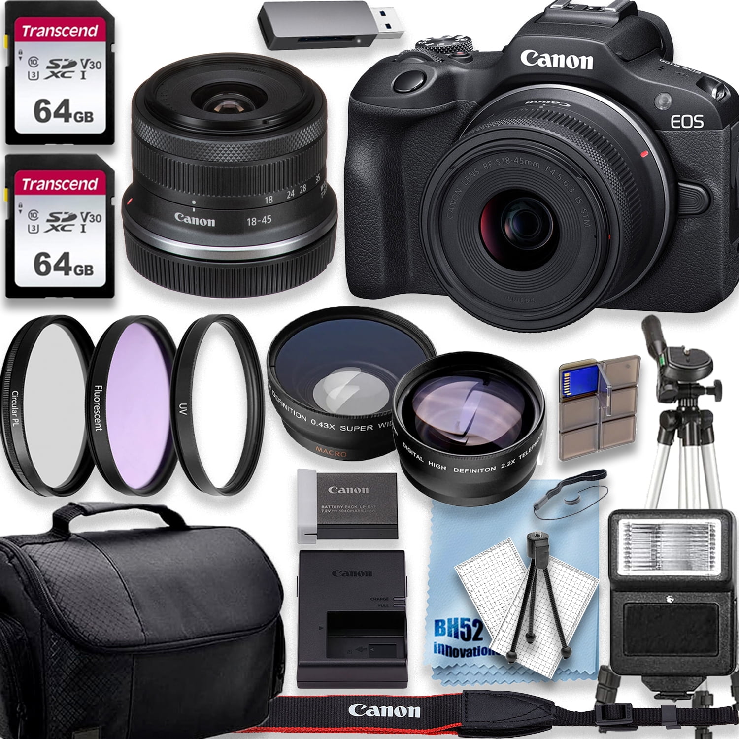 Canon EOS R100 Mirrorless 4K Camera, 18-45mm Lens, 2x64GB Memory ...
