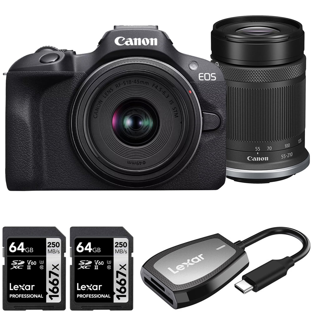 Canon EOS R100 Camera w/ RF-S18-45mm + 55-210mm Lens + 2x 64GB Card ...