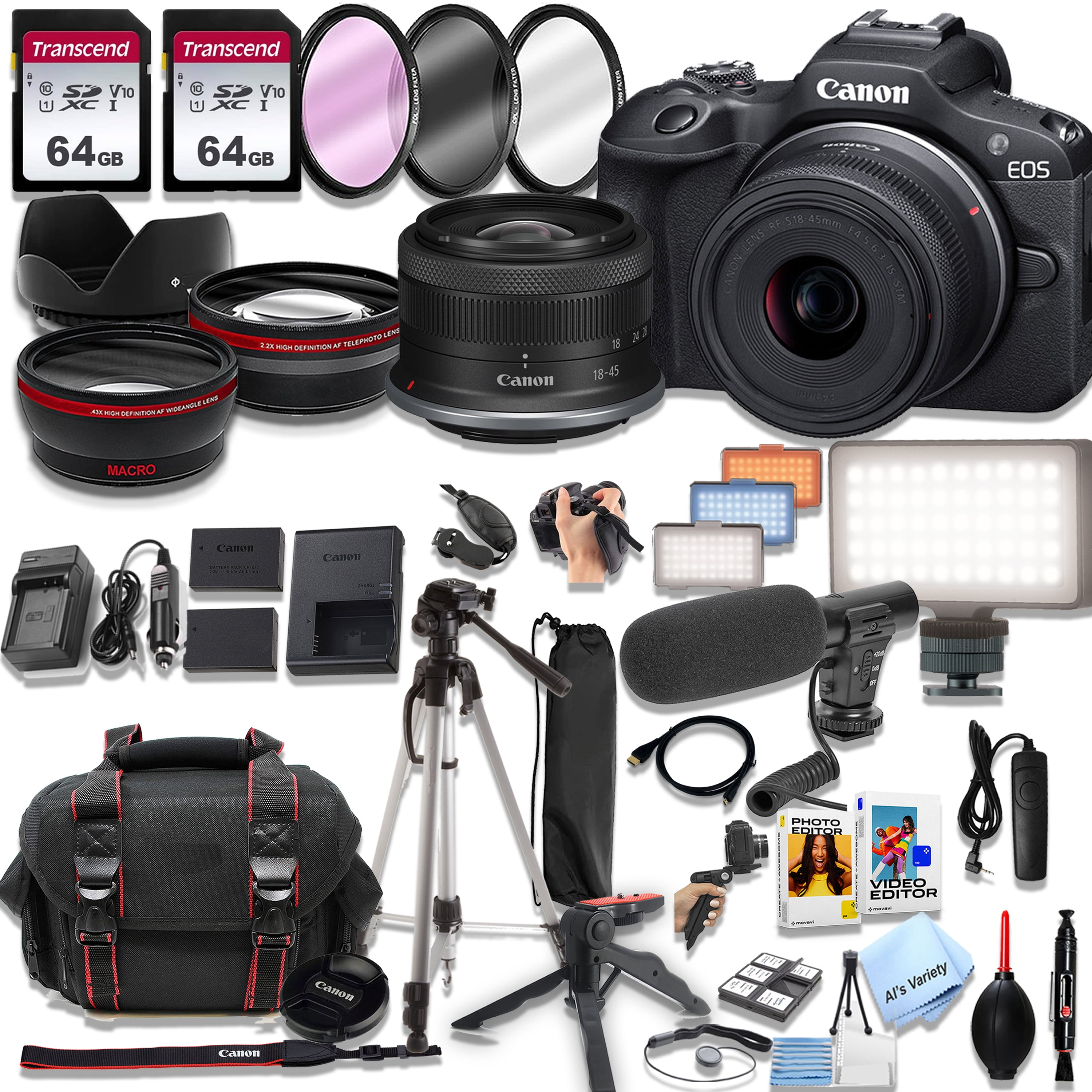 Canon EOS R100 Mirrorless Camera with 18-45mm Lens + 128GB Memory,LED ...