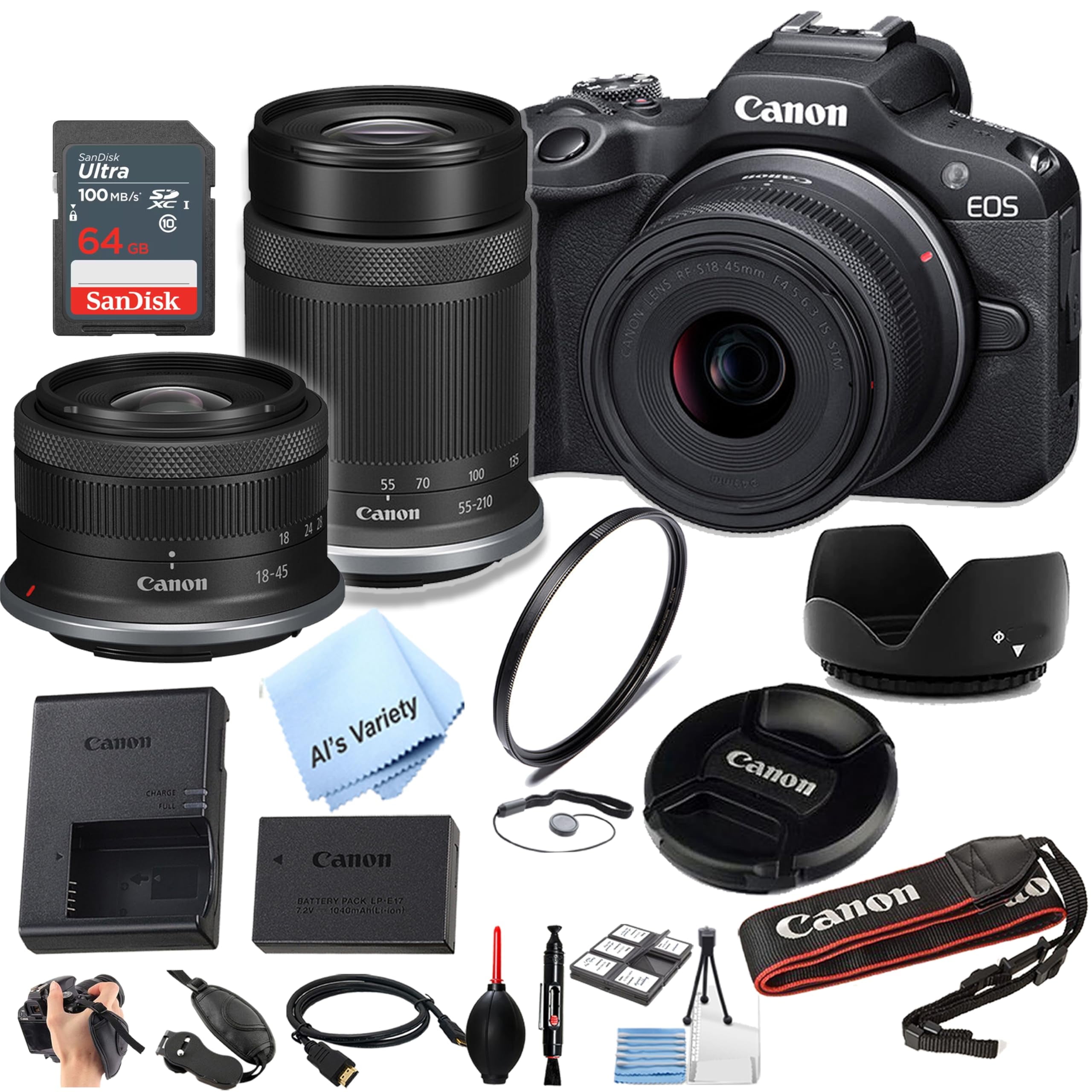 Canon EOS R100 2 Lens Kit with RF-S 18-45mm, RF-S 55-210mm Lens, 64GB ...