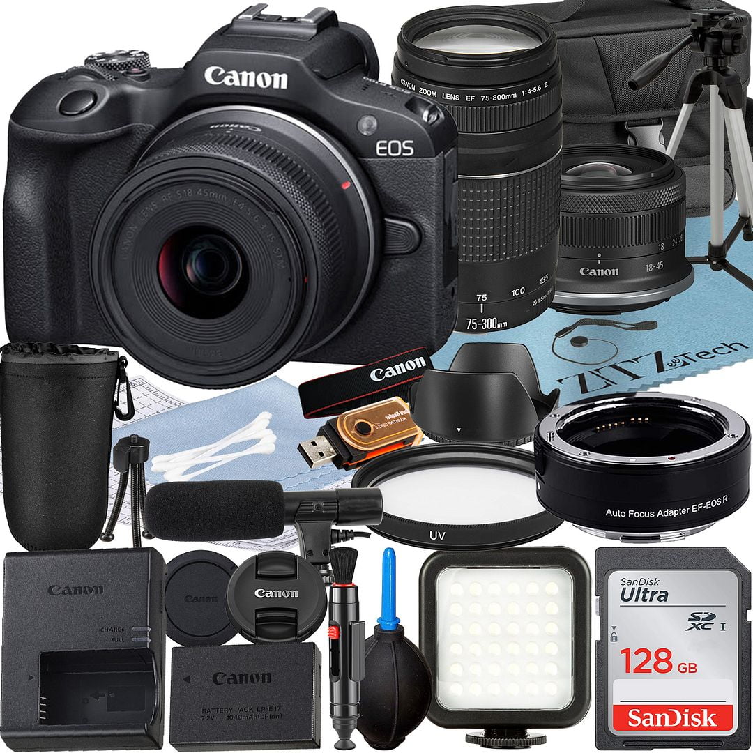 Canon EOS R100 Mirrorless Camera with 18-45mm, 75-300mm Lens, 128GB ...