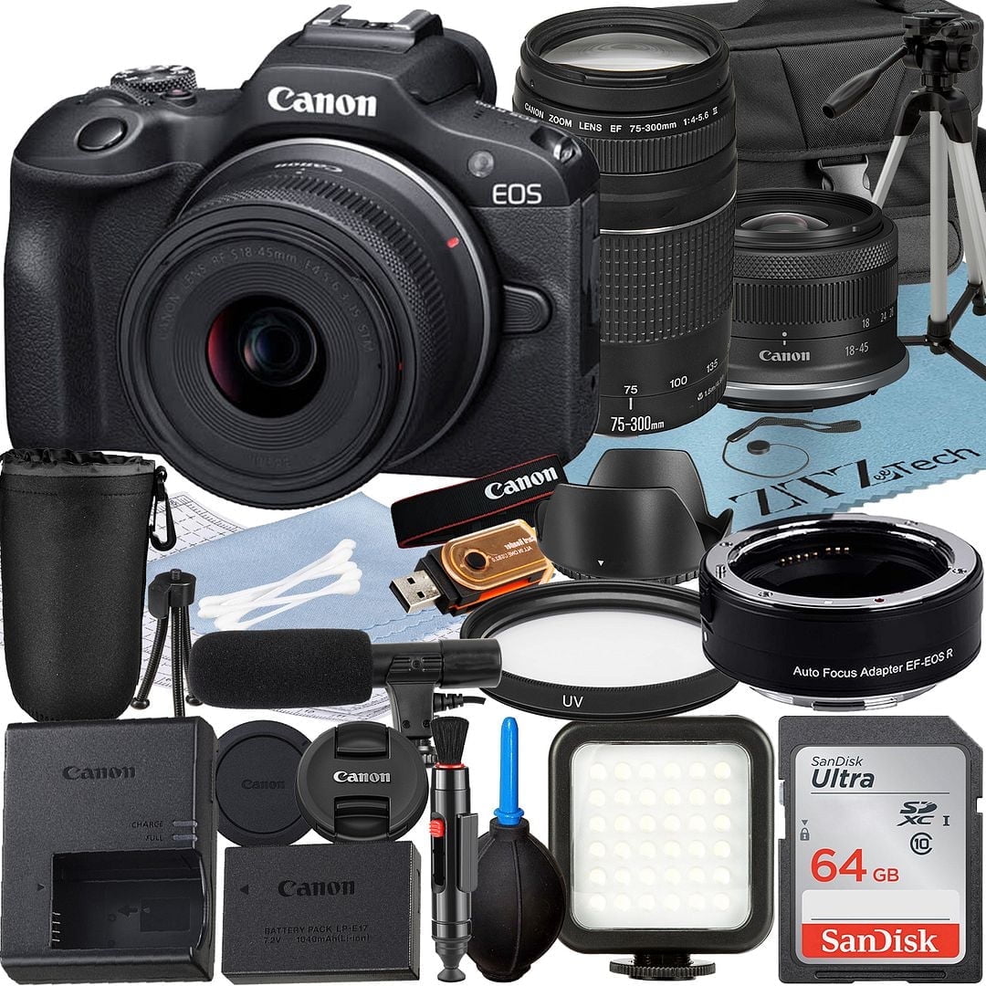 Canon EOS R100 Camera Bundle with 18-45mm, 75-300mm Lens, 64GB Memory ...