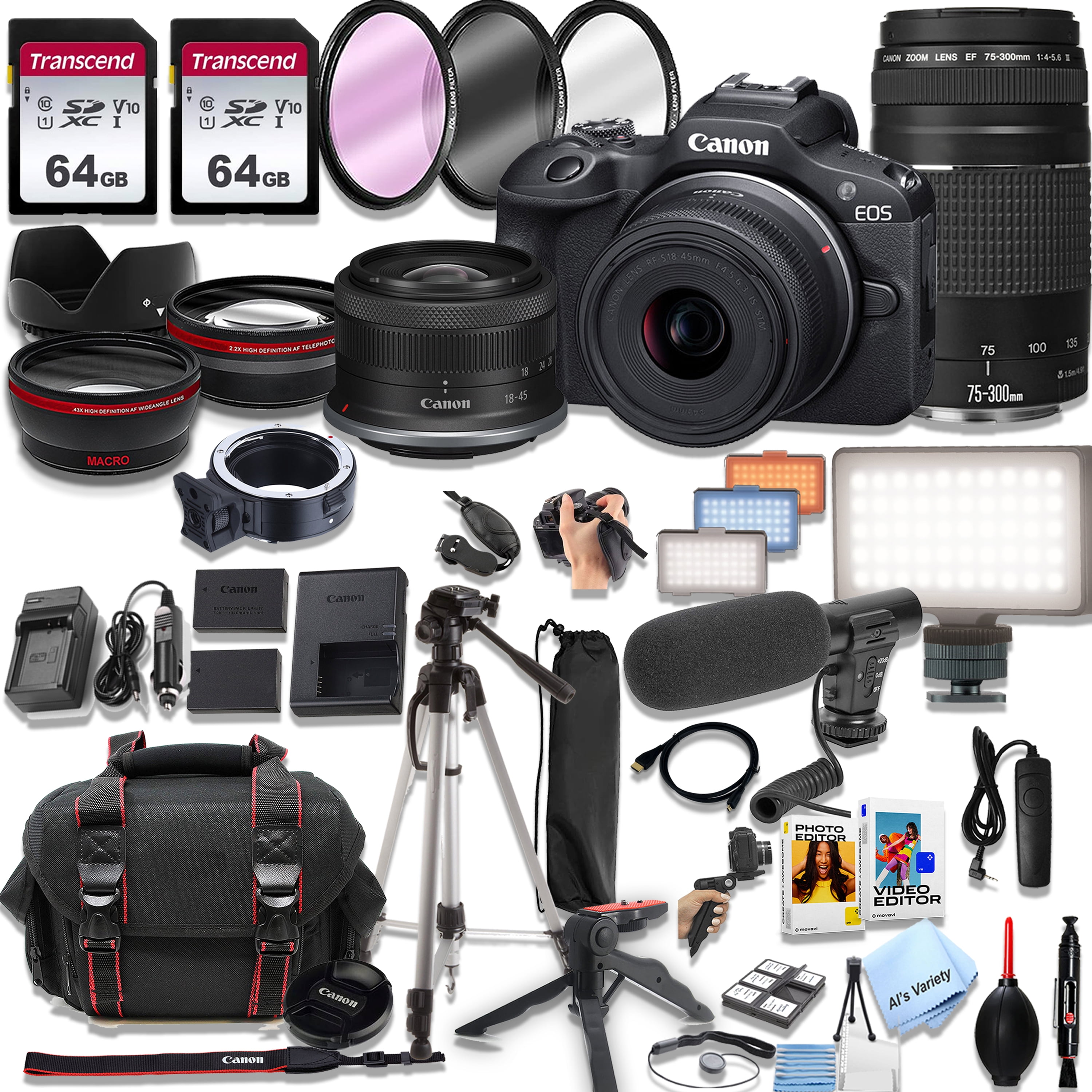 Canon EOS R100 Camera Kit: 18-45mm & 75-300mm Lenses, 128GB, LED, Mic ...