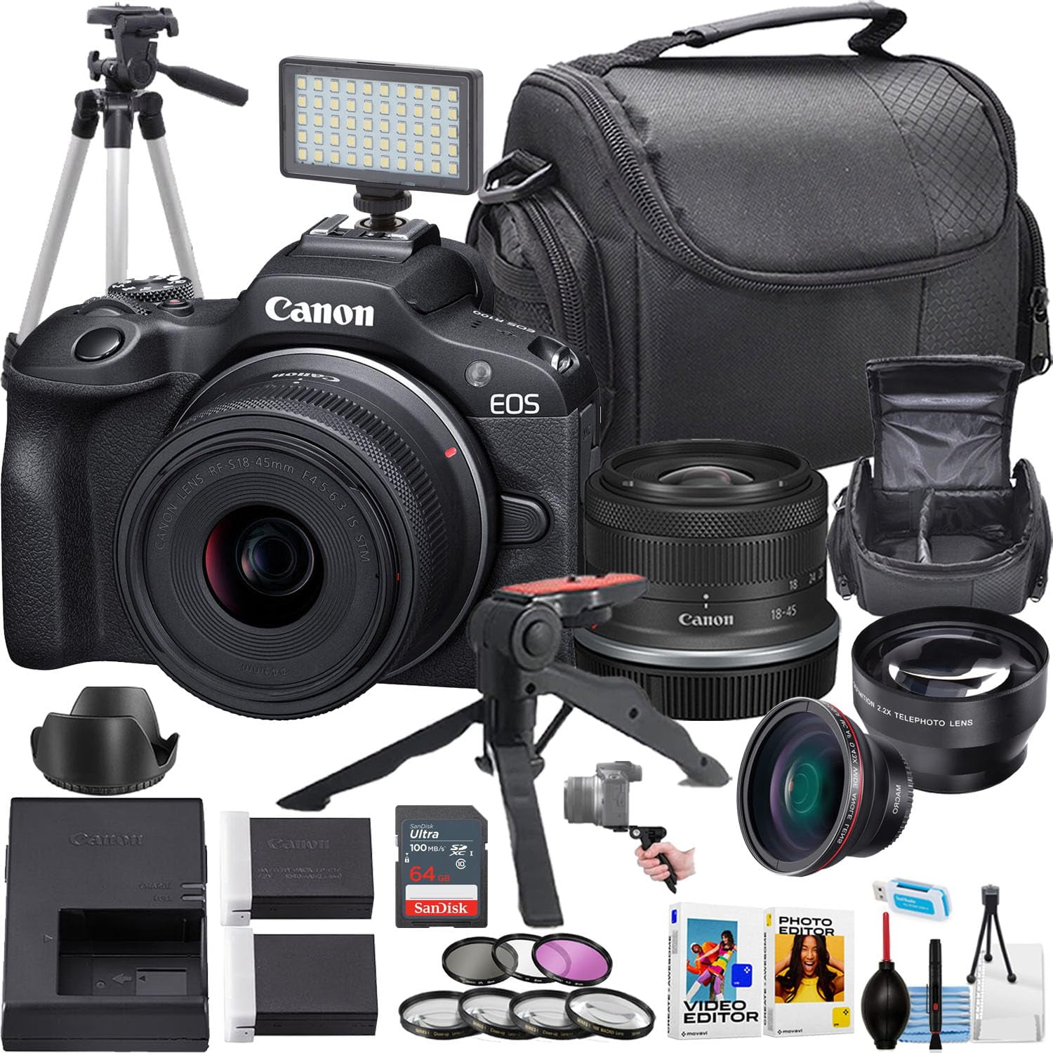 Canon EOS R100 Mirrorless Camera w/18-45mm Lens + Sandisk 64GB Ultra ...