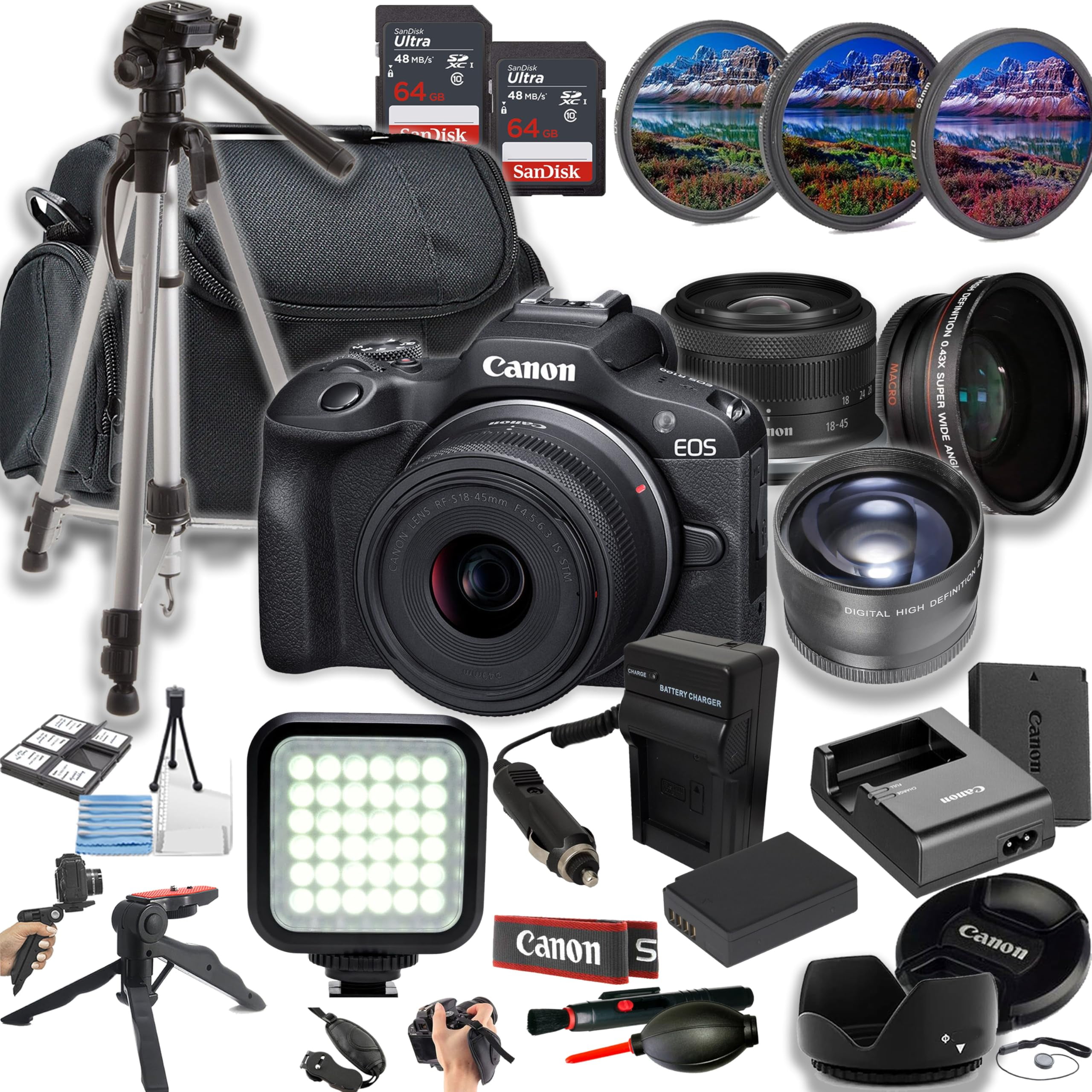 Canon EOS R100 Mirrorless Camera w/18-45mm STM Lens + LED Light + 128GB ...