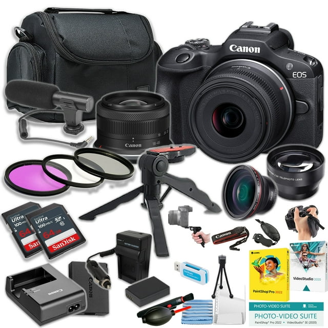 Canon EOS R100 Mirrorless Camera w/18-45mm lens + 2pc 64GB Memory Card ...