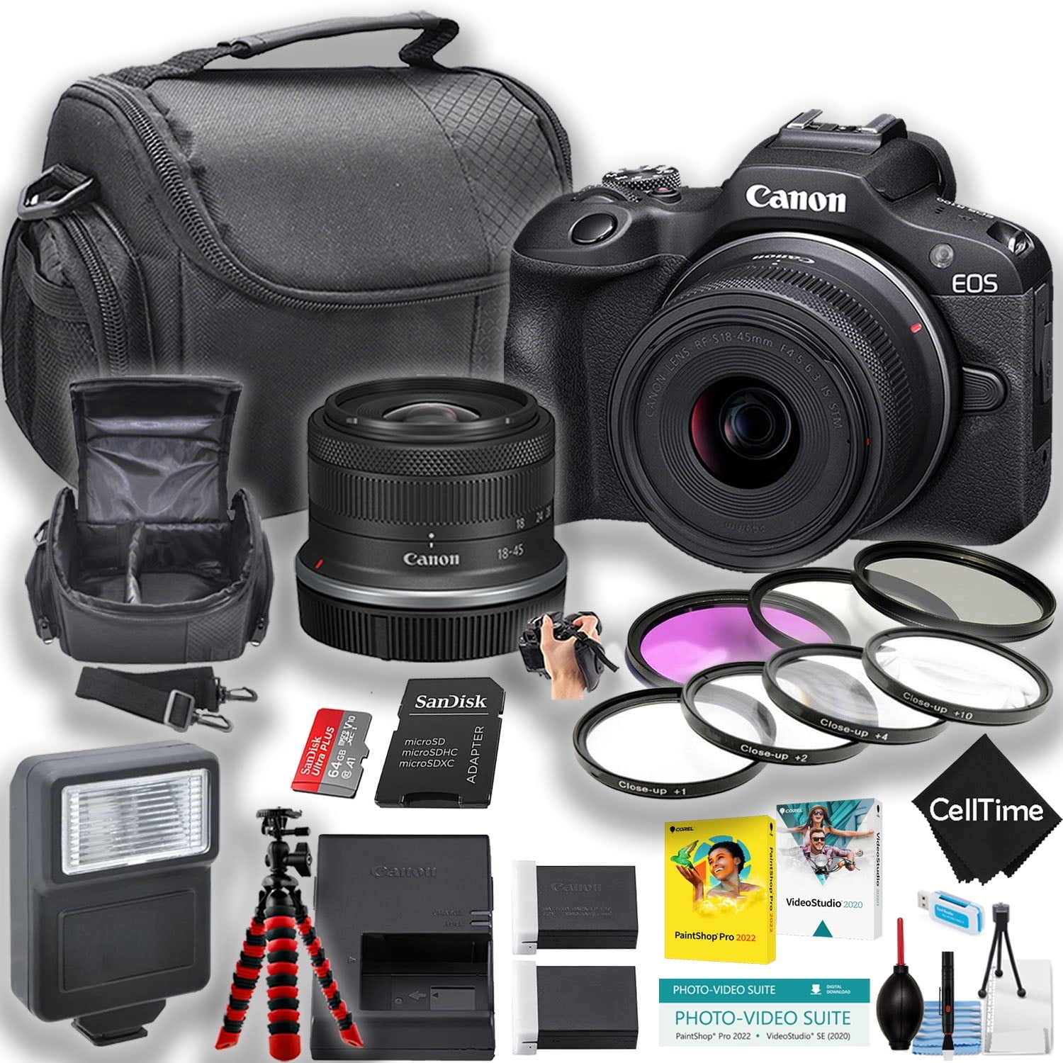 Canon EOS R100 Mirrorless Camera w/18-45mm lens + 64GB Memory Card ...