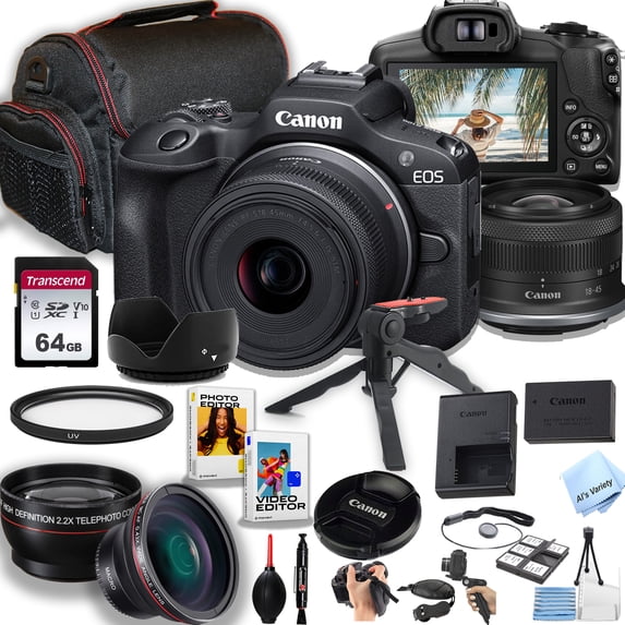 Canon EOS R100 Mirrorless Camera, 18-45mm Lens, 64GB, Macro, 2X Len ...
