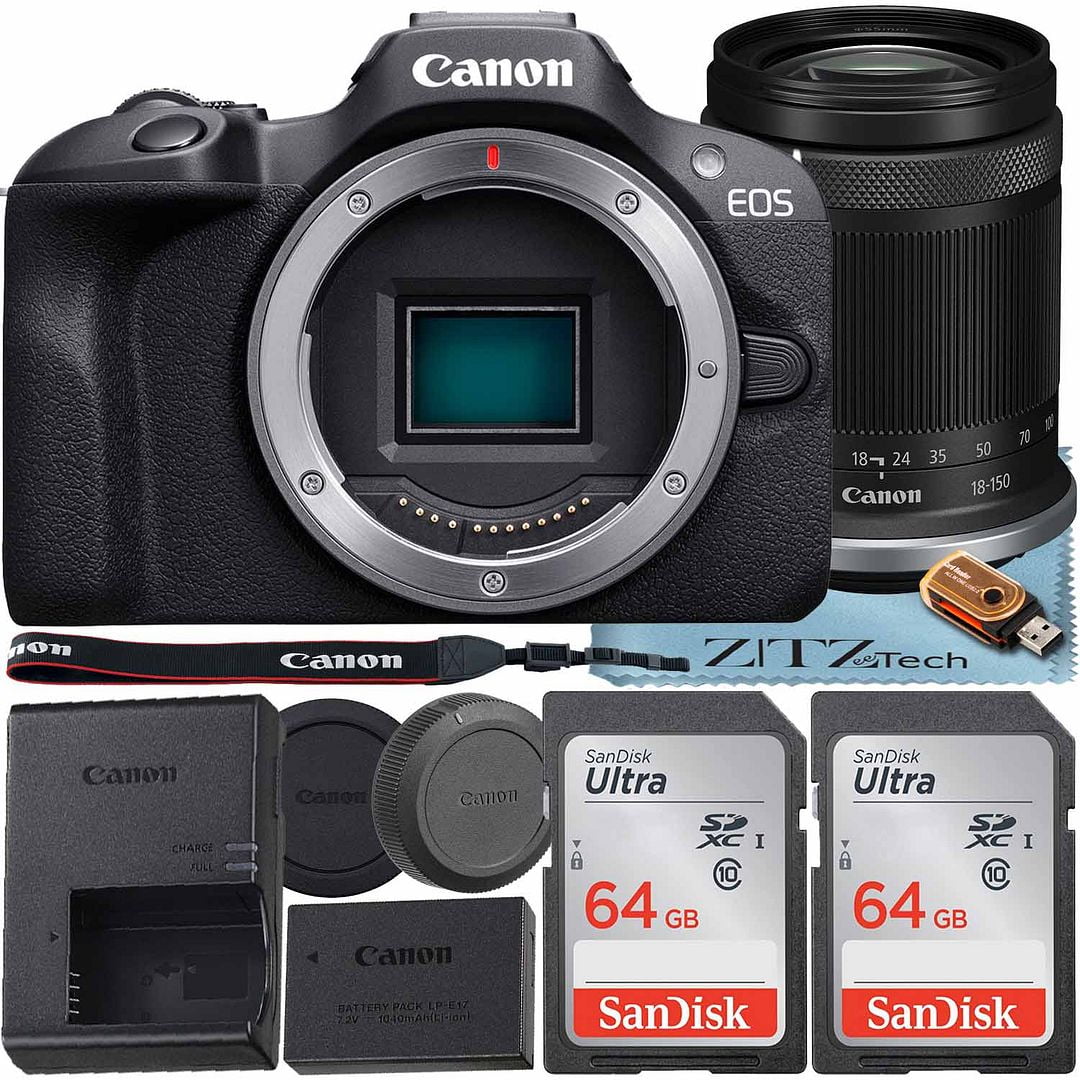Canon EOS R100 Digital Camera with RF-S 18-150mm Lens, 2x 64GB SanDisk ...