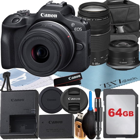 Canon EOS R100 Digital Camera with Zoom Body, RF-S 18-45mm, EF 75-300mm ...