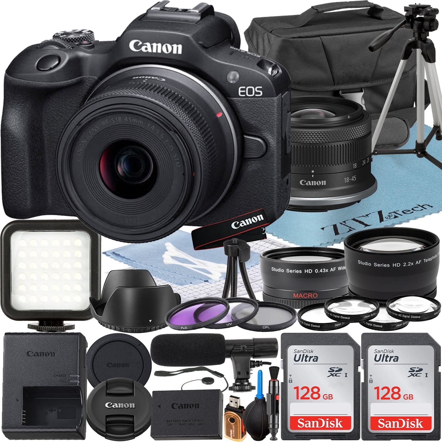 Canon EOS R100 Kit: Mirrorless Camera, RF-S 18-45mm Lens, 2x 128GB Card ...