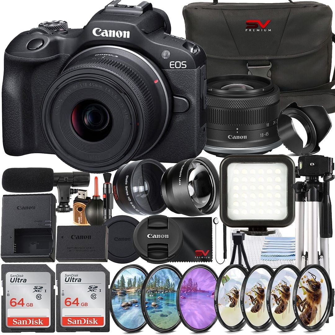 Canon EOS R100 Camera Kit with RF-S 18-45mm Lens, 2x SanDisk 64GB, Case ...