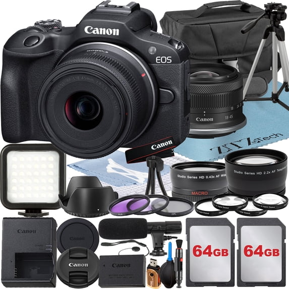 Canon EOS R100 Mirrorless Camera + 18-45mm Lens Bundle: 2 Pack 64GB SD ...