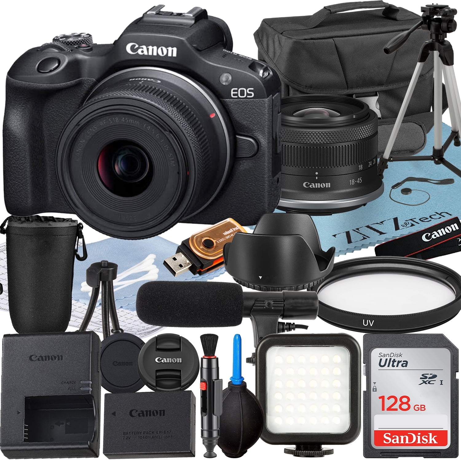 Compact Canon EOS R100 Mirrorless Camera + 18-45mm Lens, SanDisk 128GB ...
