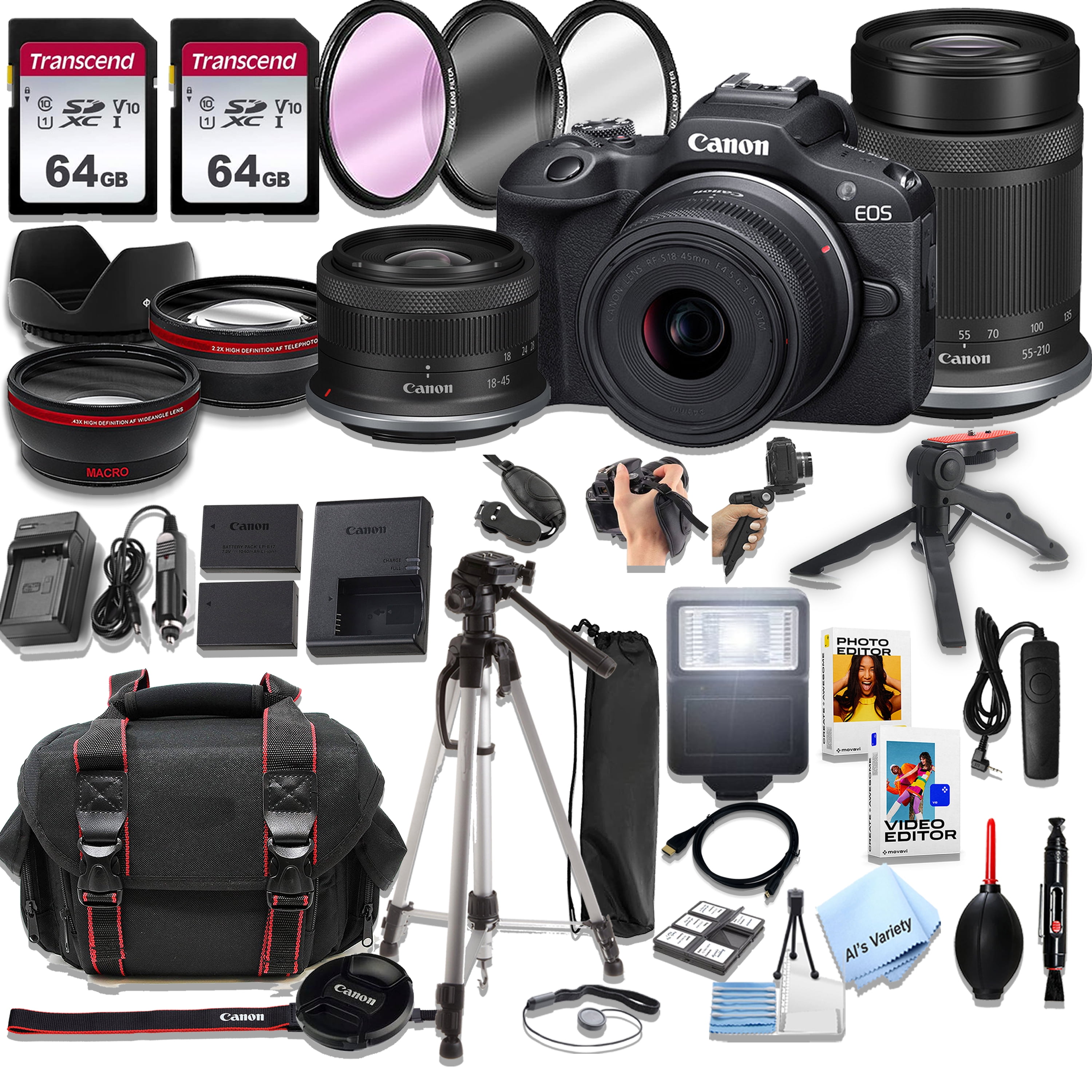 Canon EOS R100 Camera Kit, 18-45mm & 55-210mm Lenses, 128GB, Spare ...