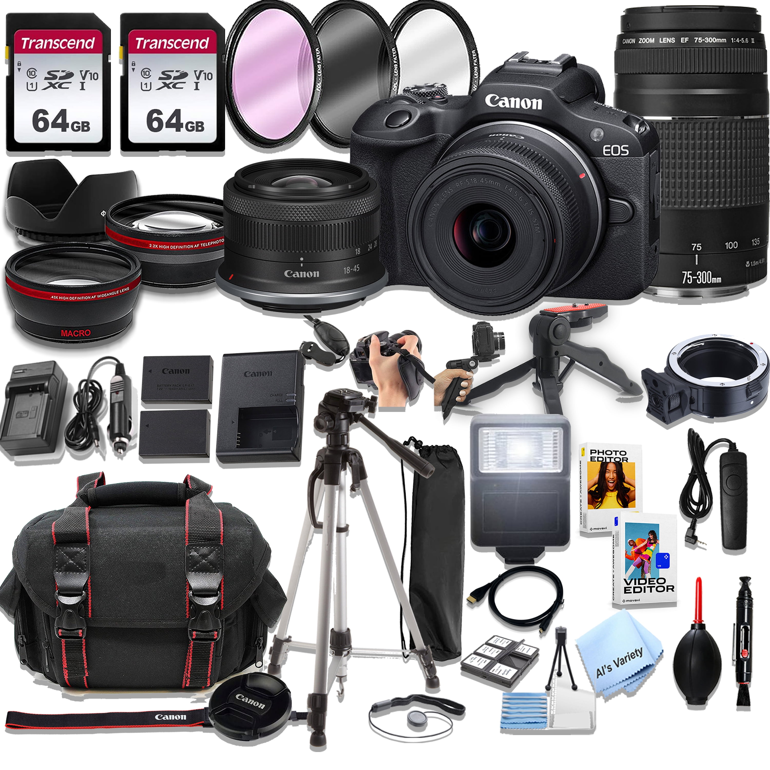 Canon EOS R100 Mirrorless Camera18-45mm and 75-300mm Lenses + 128GB ...