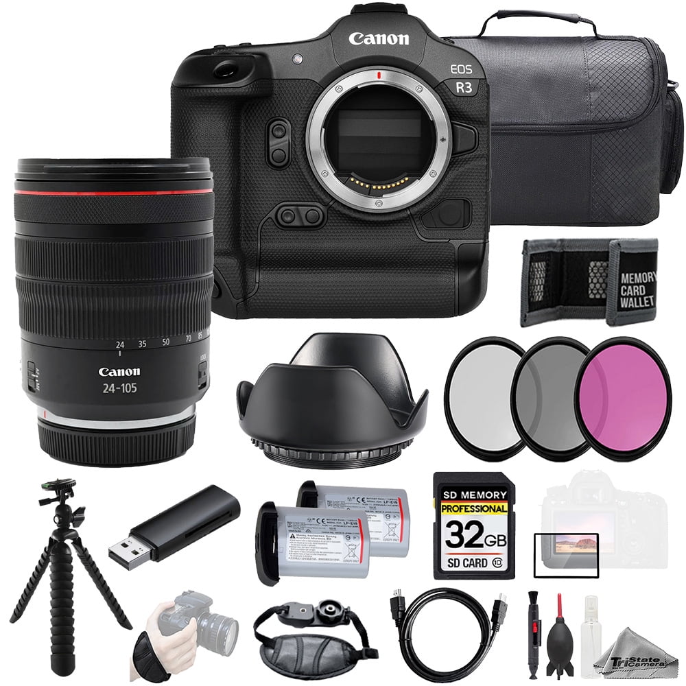 Canon EOS R3 Camera + RF 24-105mm f/4 L IS USM Lens +32GB + Ext Bat+ 3 PC Filter- Kit ...