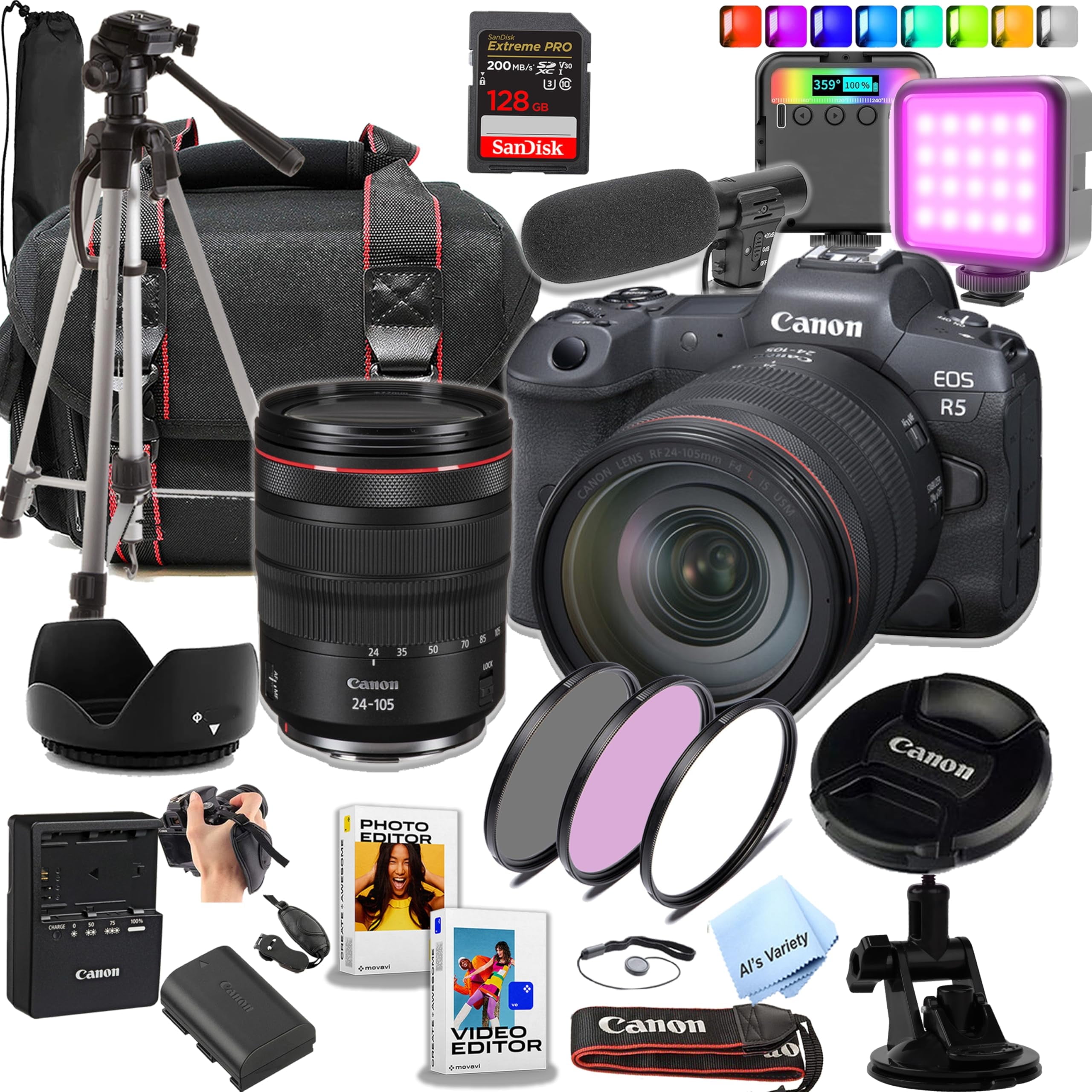 Canon EOS R5 Full-Frame Mirrorless Camera with 24-105mm USM Lens, 128Gb Extreme SD Card and More ...