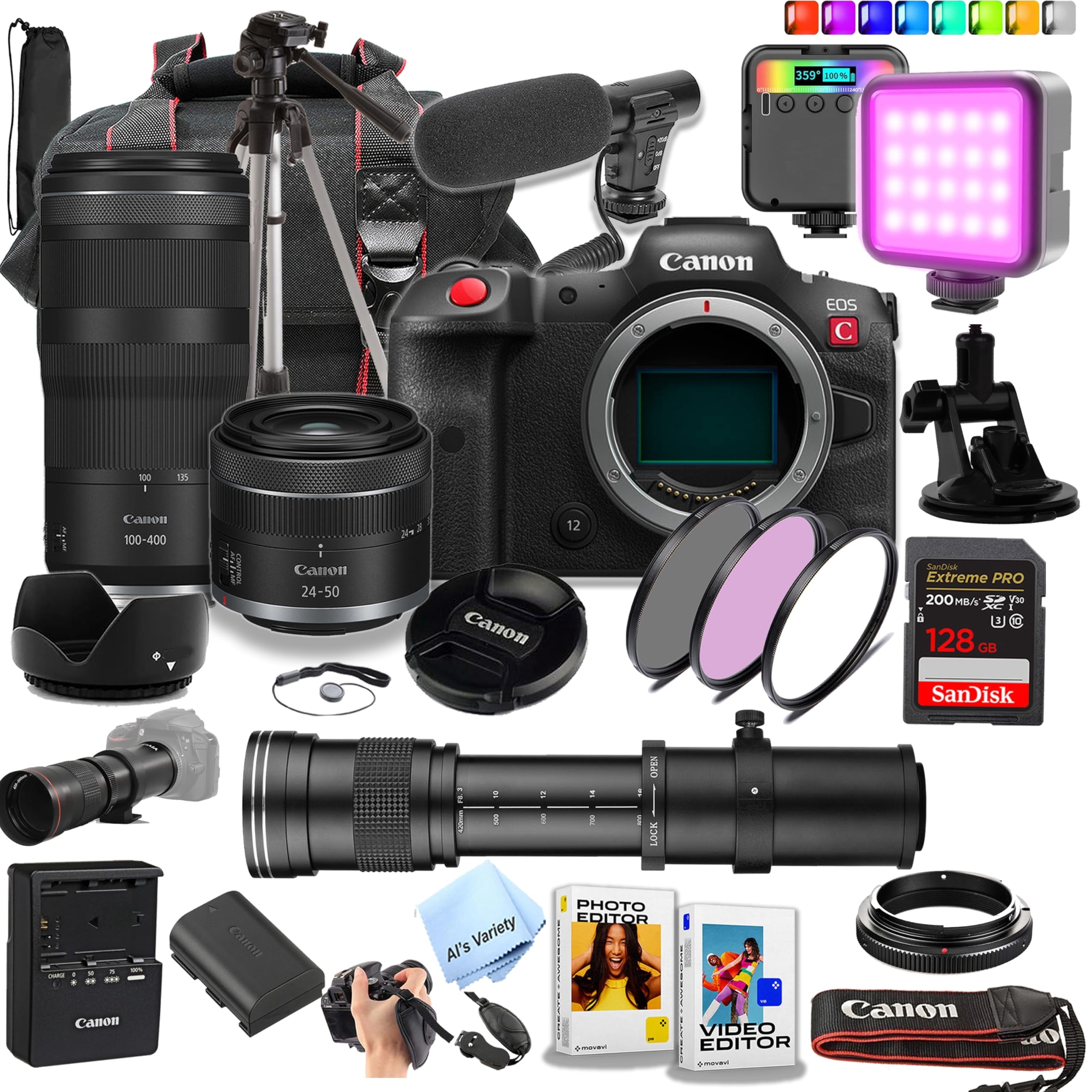 Canon EOS R5 C 45MP Mirrorless Camera with 24-50mm, 100-400mm, and 420 ...