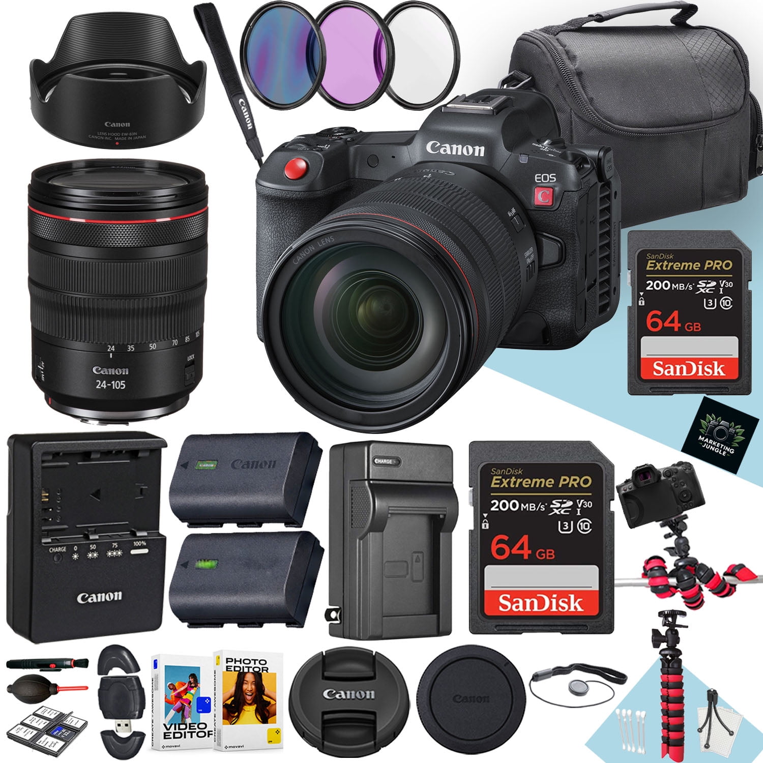 Canon EOS R5 C Mirrorless Camera with 24-105mm f/4 L IS USM Lens + 2PC 64GB Memory + Hood ...