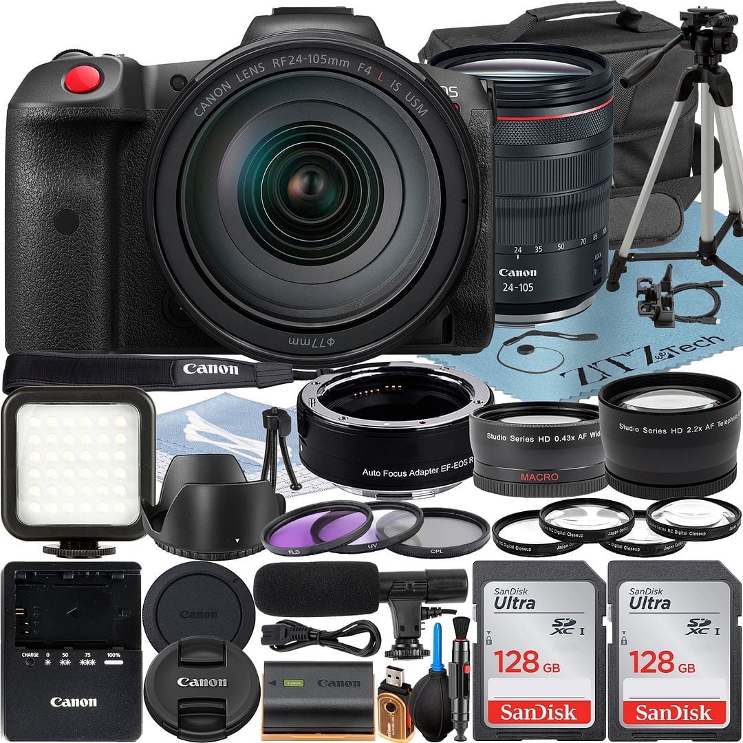 Canon EOS R5 C Mirrorless Cinema Camera with RF 24-105mm Lens + Mount Adapter + 2 Pack SanDisk ...