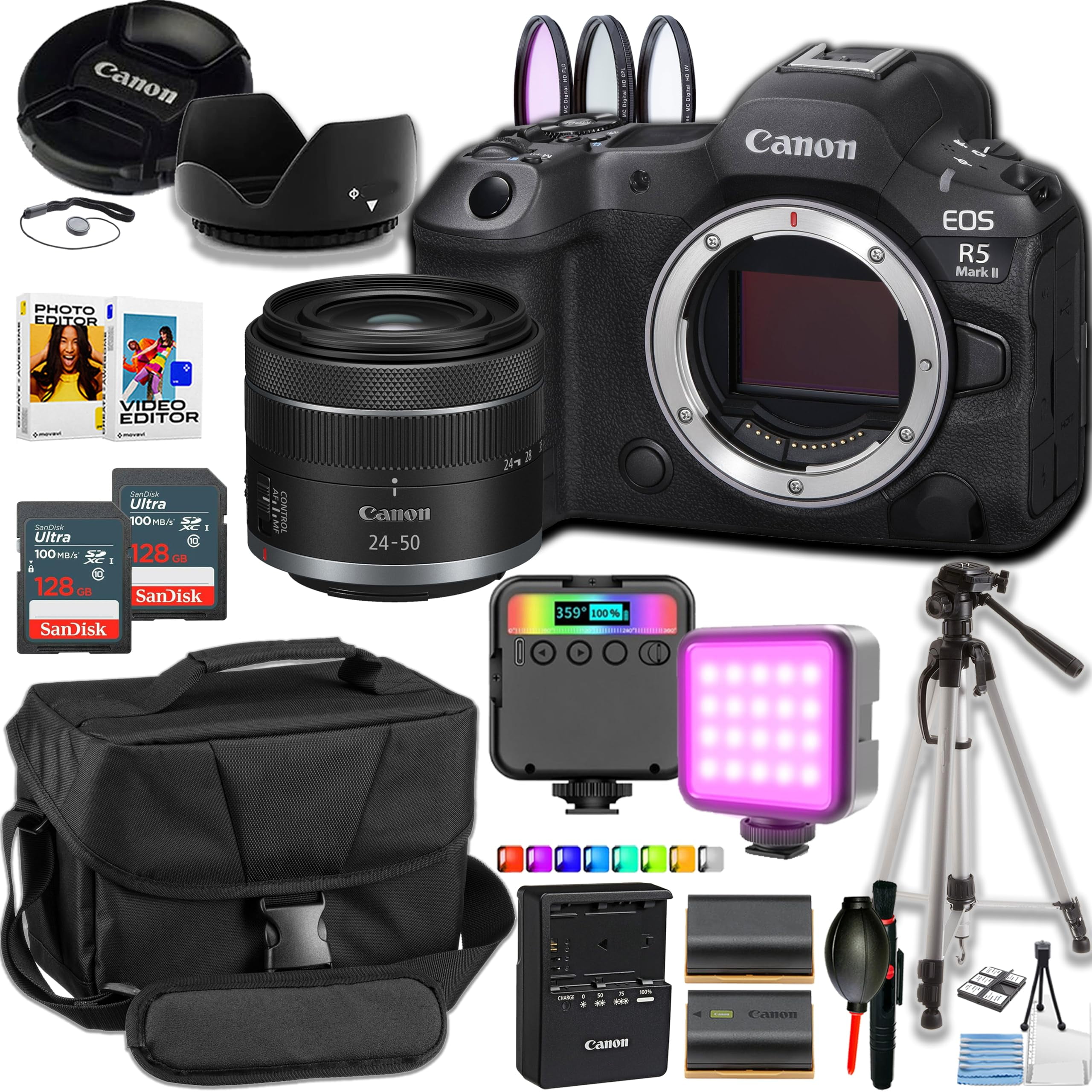 Canon EOS R5 Mark II Mirrorless Camera w/24-50mm Lens + Camera Case + 50 inch Tripod + More ...