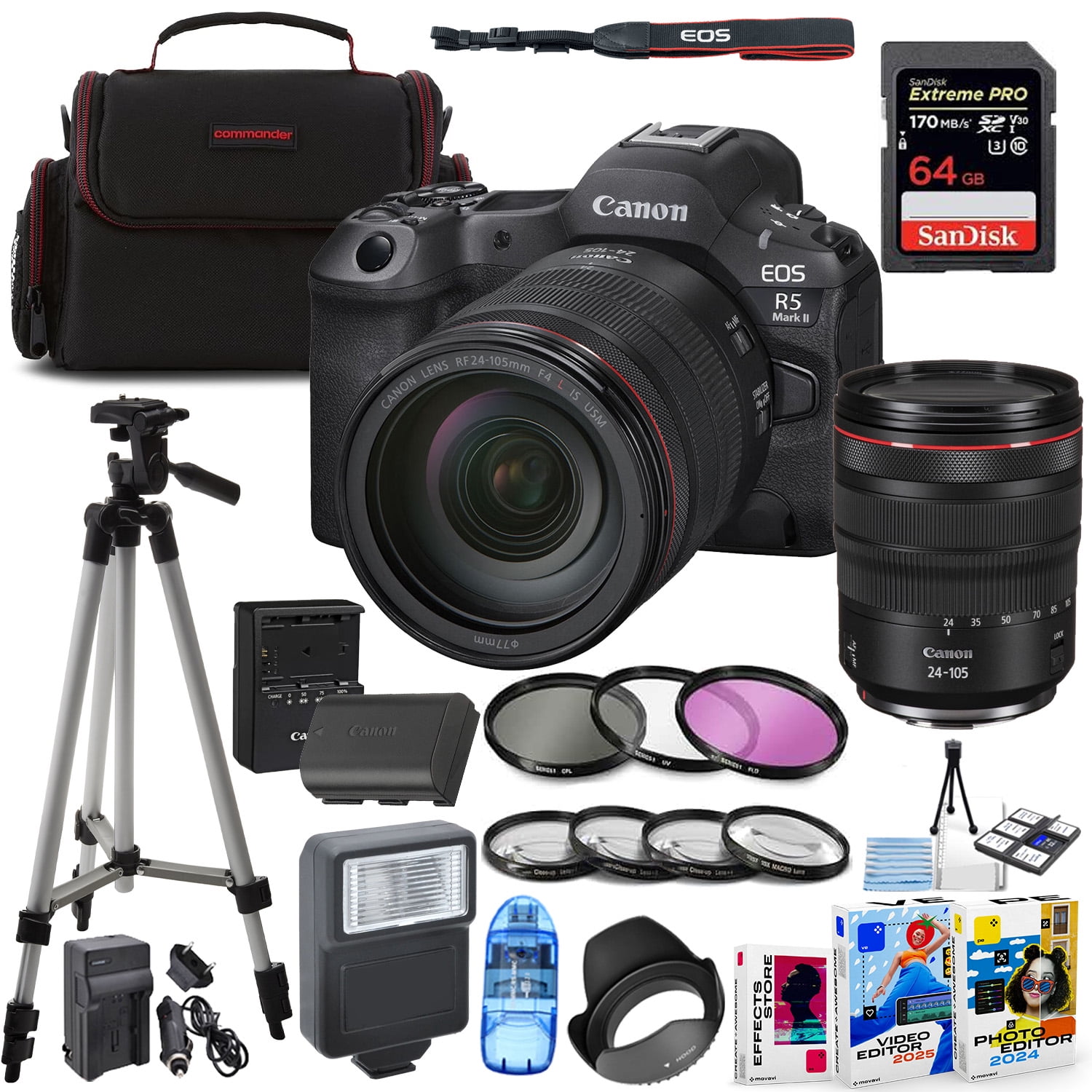 Canon EOS R5 Mark II Mirrorless Camera with 24-105mm f/4 Lens Bundle + 64GB Extreme Pro Memory ...