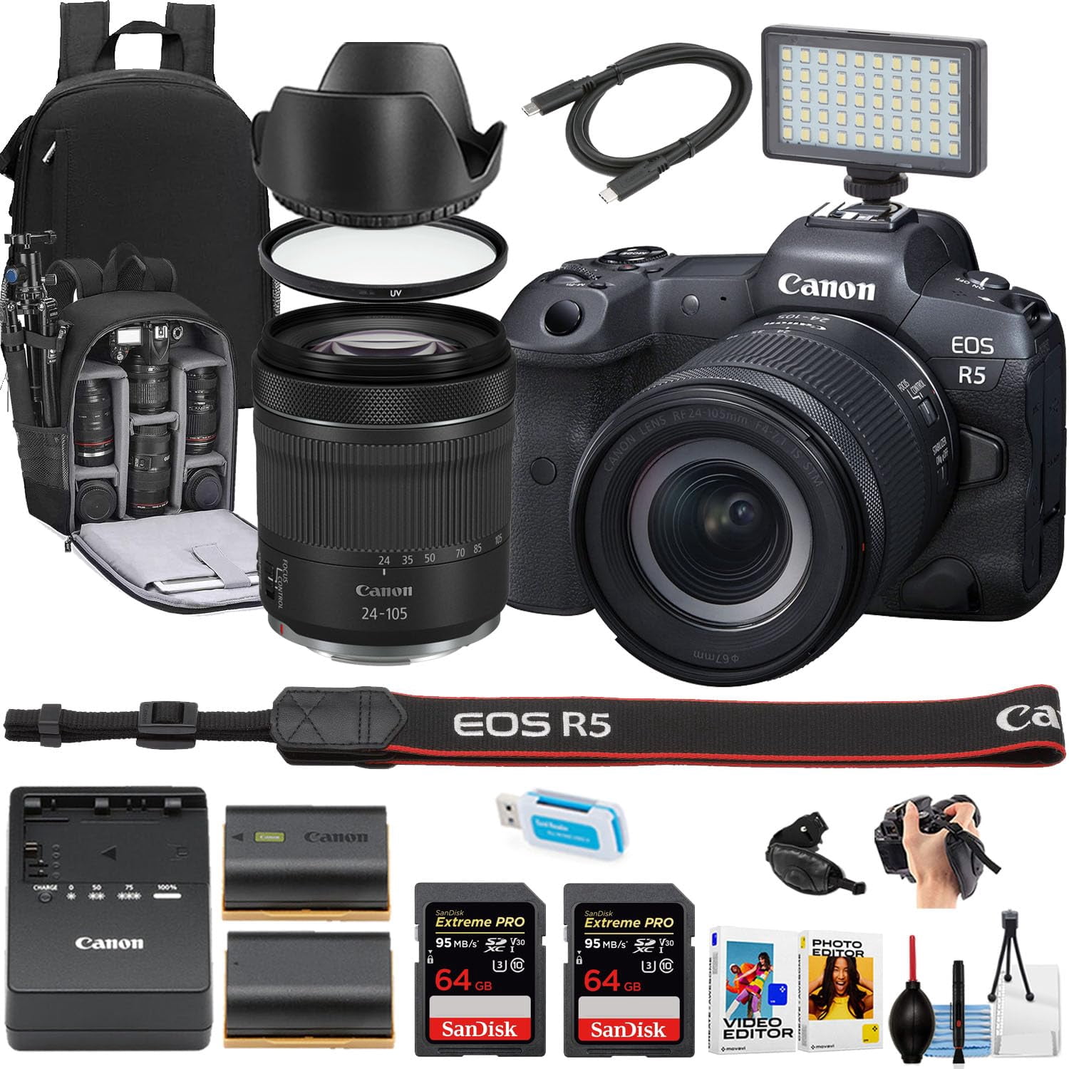 Canon EOS R5 Mirrorless Camera w/24-105mm STM Lens + 2pc Sandisk 64GB ...