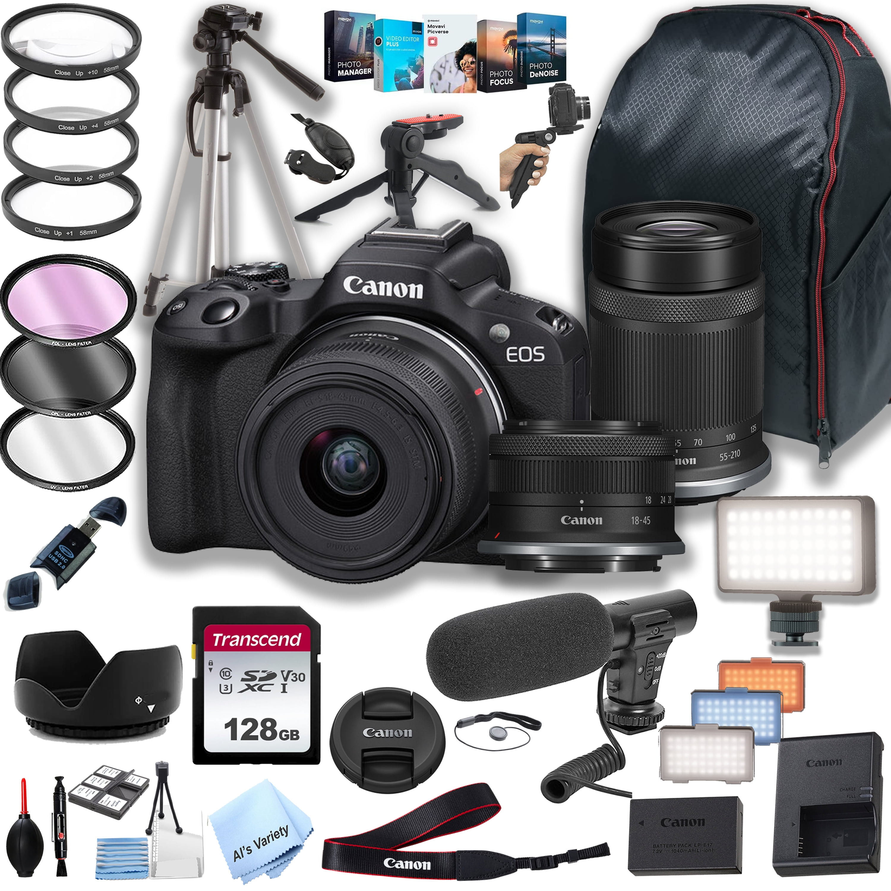 Canon EOS R50 Camera Kit: 18-45mm, 55-210mm Lenses, 128GB, LED Light ...