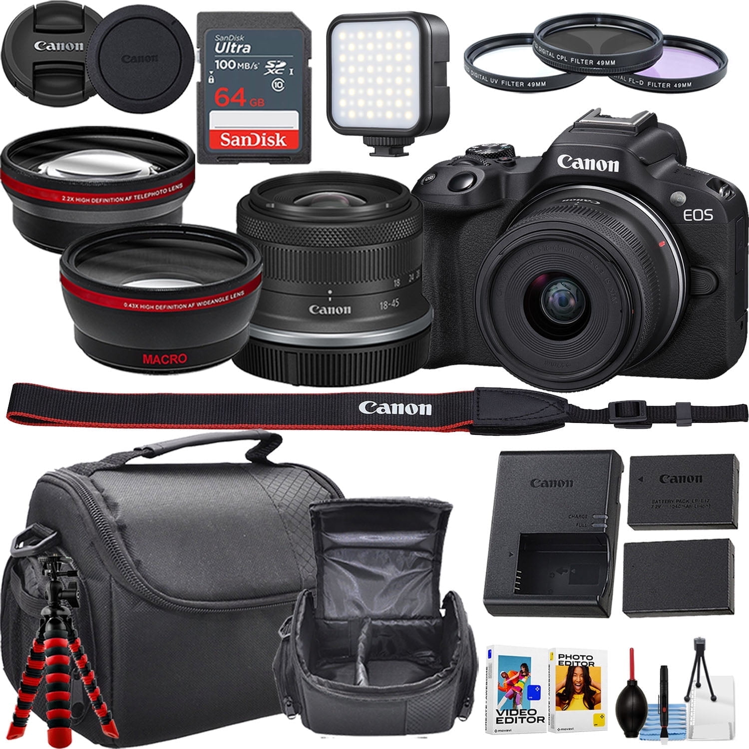 Canon EOS R50 Mirrorless Camera + 18-45mm Lens + LED Light + Camera ...