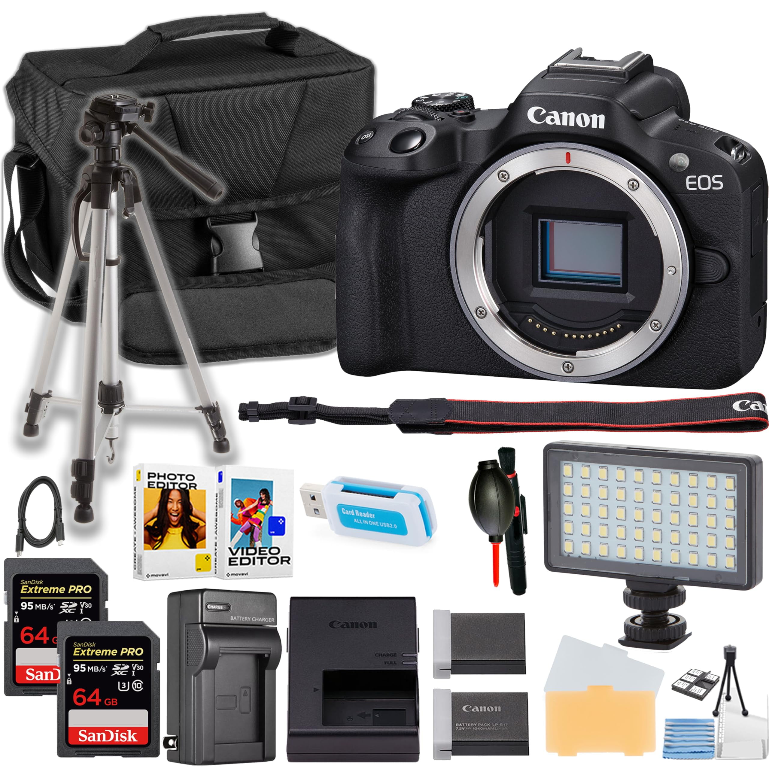 Canon EOS R50 Mirrorless Camera Body Only + 64GB Memory Card + LED ...