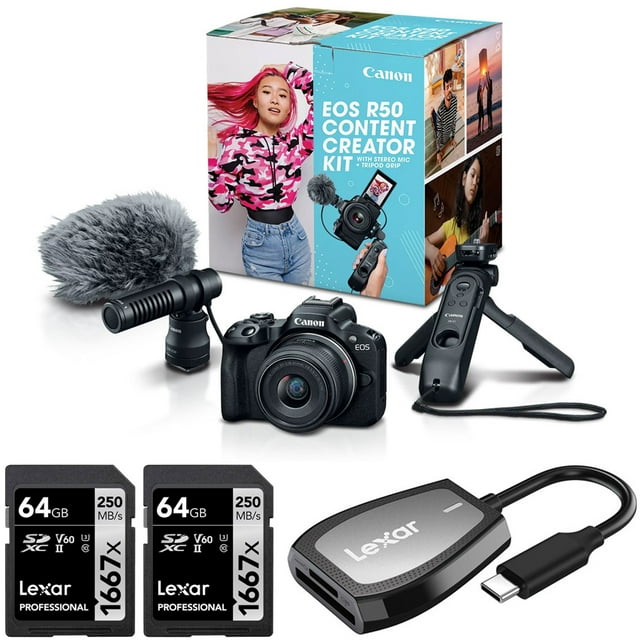 Canon EOS R50 Digital Mirrorless Camera Creator Kit with 2x 64GB Card ...