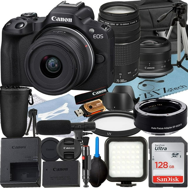 Canon EOS R50 Camera with 18-45mm & 75-300mm Lens, SanDisk 128GB, LED ...