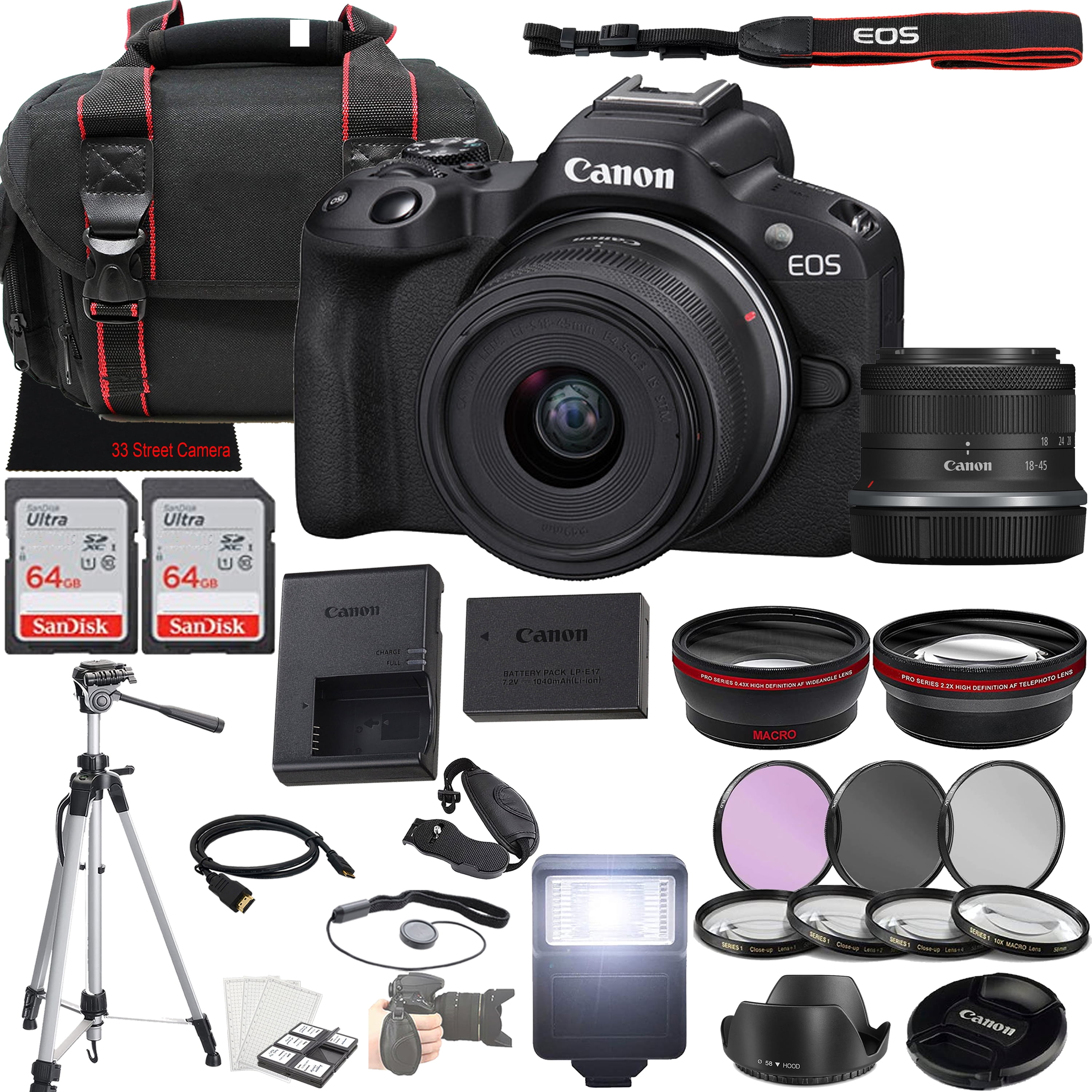 Canon EOS R50 Mirrorless Camera w/RF-S 18-45mm Lens, 2X 64GB Memory ...