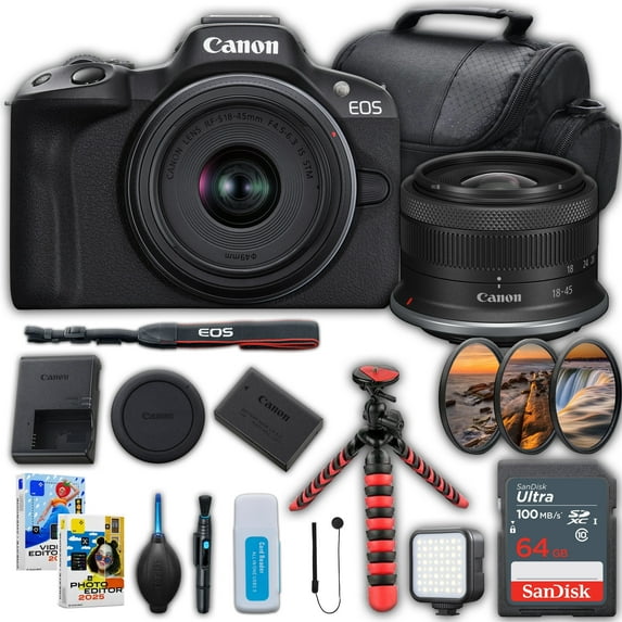 Canon EOS R50 Mirrorless Camera with 18-45mm Lens + SanDisk 64 GB ...