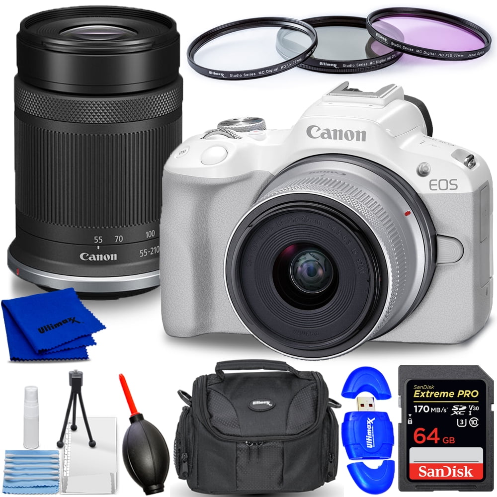Canon EOS R50 Mirrorless Camera with 18-45mm and 55-210mm Lenses (White ...