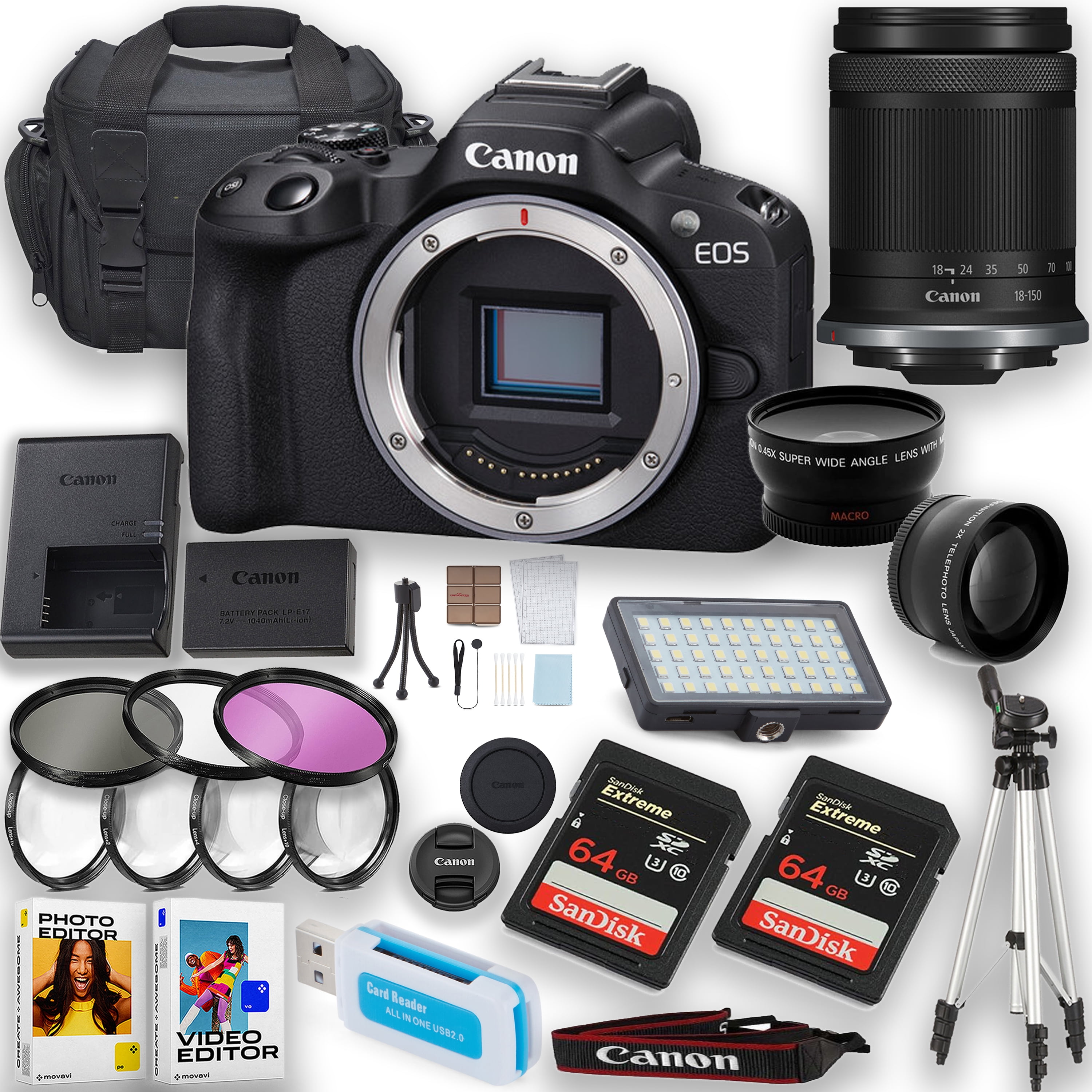 Canon EOS R50 Mirrorless Camera Kit: RF-S 18-150mm Lens, LED Light, 2pc ...