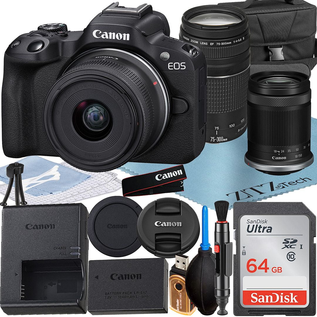 Canon EOS R50 Mirrorless Camera with RF-S 18-150mm + EF 75-300mm Lens ...