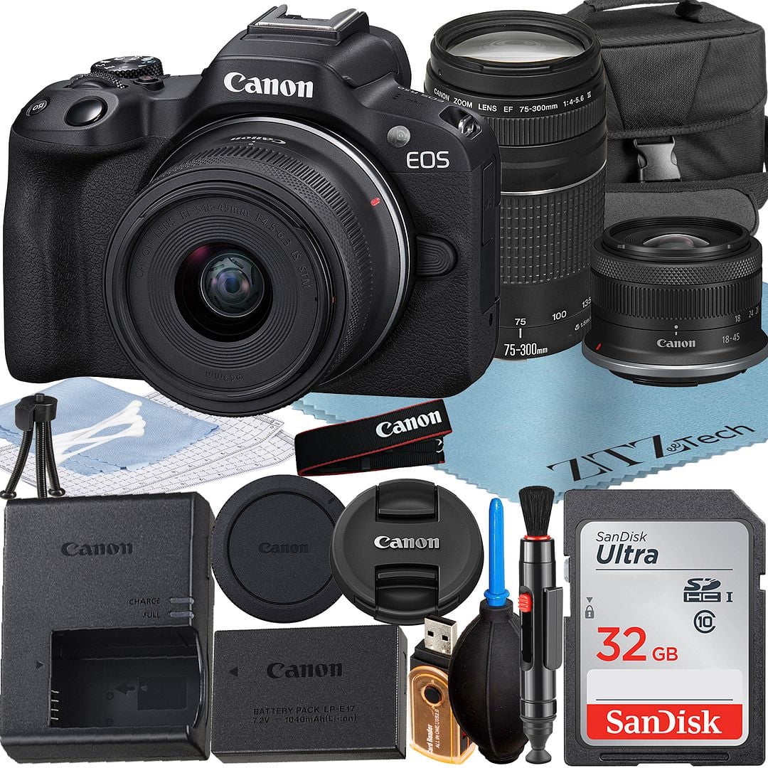 Canon EOS R50 Black Mirrorless Camera Bundle with RF-S 18-45mm, EF 75 ...