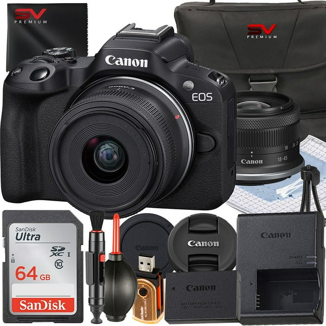 Canon EOS R50 Mirrorless Camera, RF-S 18-45mm Lens, 64GB Card + Premium ...