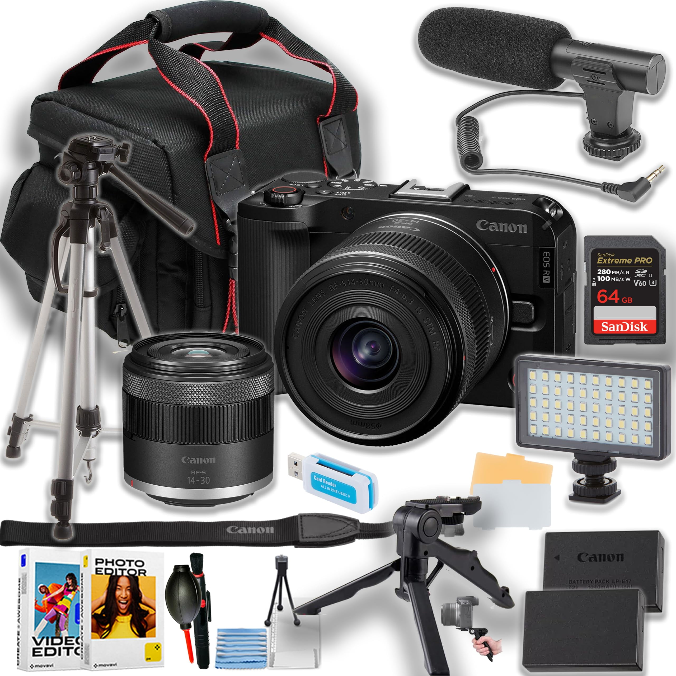 Canon EOS R50V Mirrorless Camera w/14-30mm Lens + Directional Microphone + Camera Case + LED ...