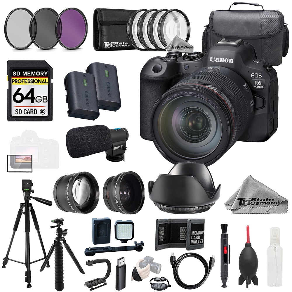Canon EOS R6 II w/ 24-105mm f/4 Lens + Mic +64GB+ 9 PC Filter-MEGA Kit ...