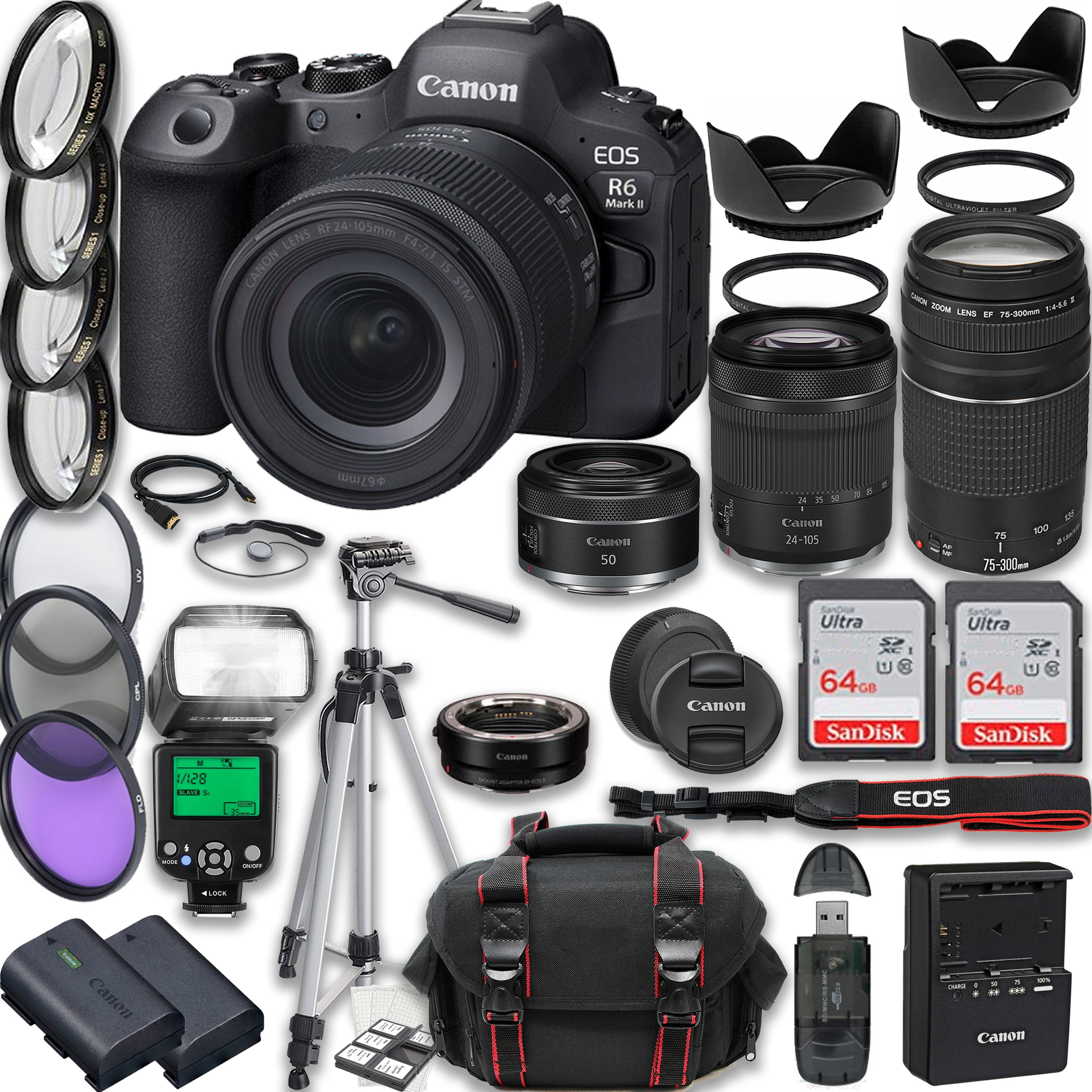 Canon EOS R6 Mark II Camera Bundle: RF 24-105mm, EF 75-300mm, RF 50mm ...