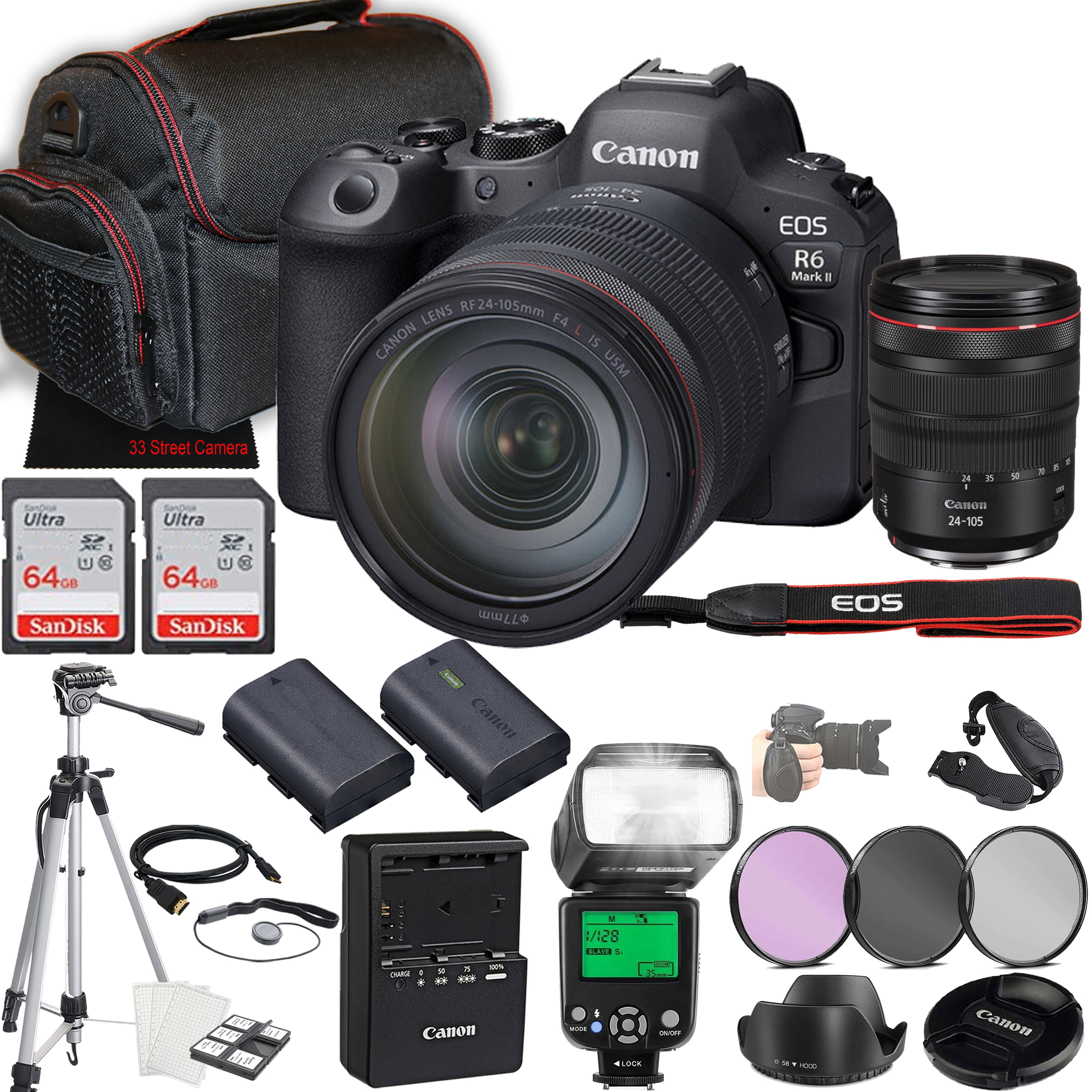 Canon EOS R6 Mark II Mirrorless Camera with RF 24-105mm Lens, 2X 64GB, Case, Filters, Flash ...