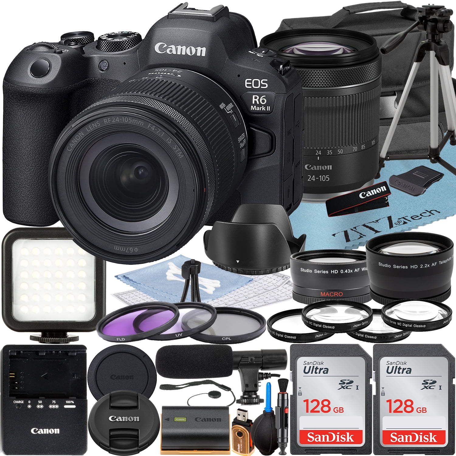 Canon EOS R6 Mark II with RF 24-105mm Lens, 2x 128GB Cards, LED Flash ...