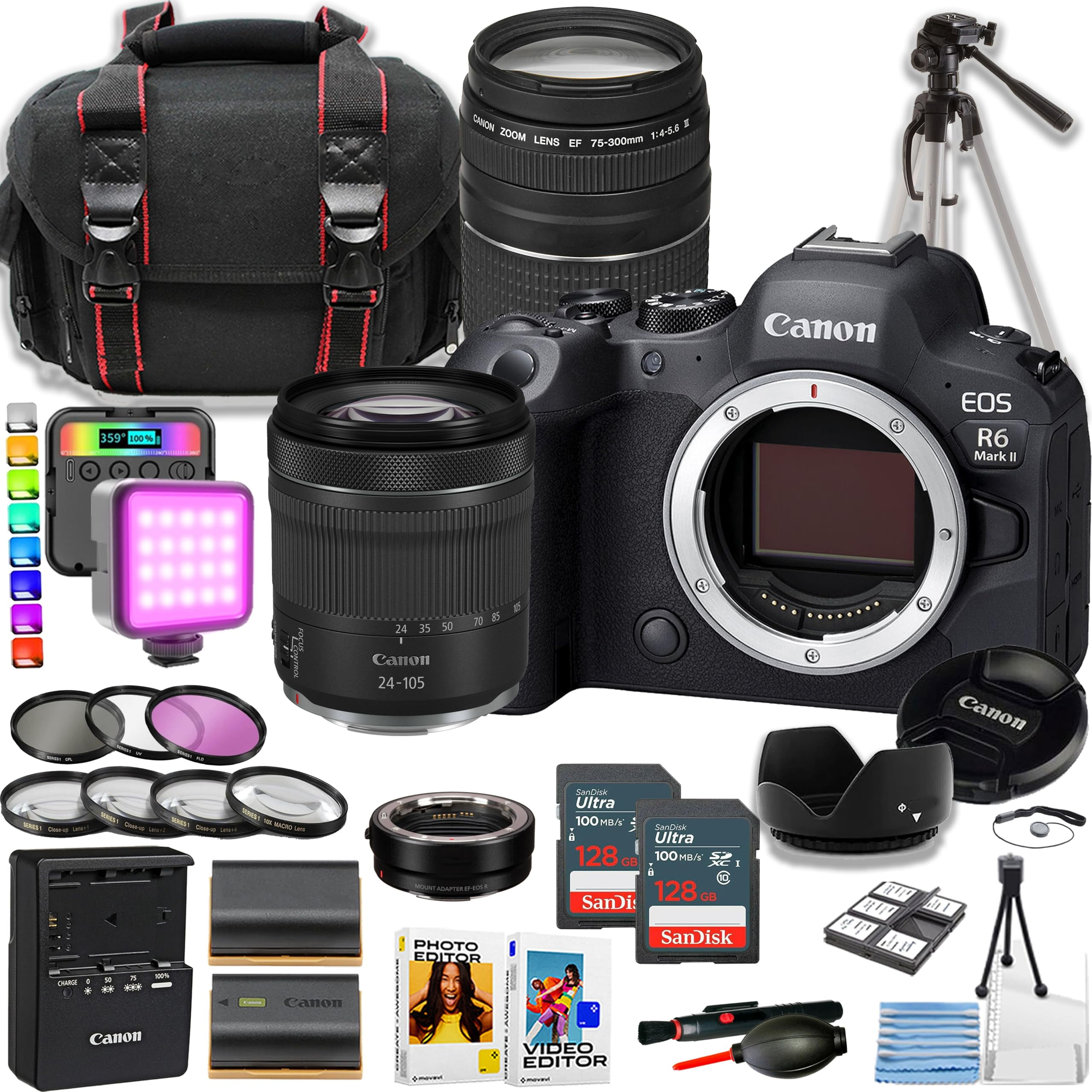 Canon EOS R6 Mark II w/24-105mm STM Lens and EF 75-300mm Lens + Camera Case + 50 inch Tripod ...