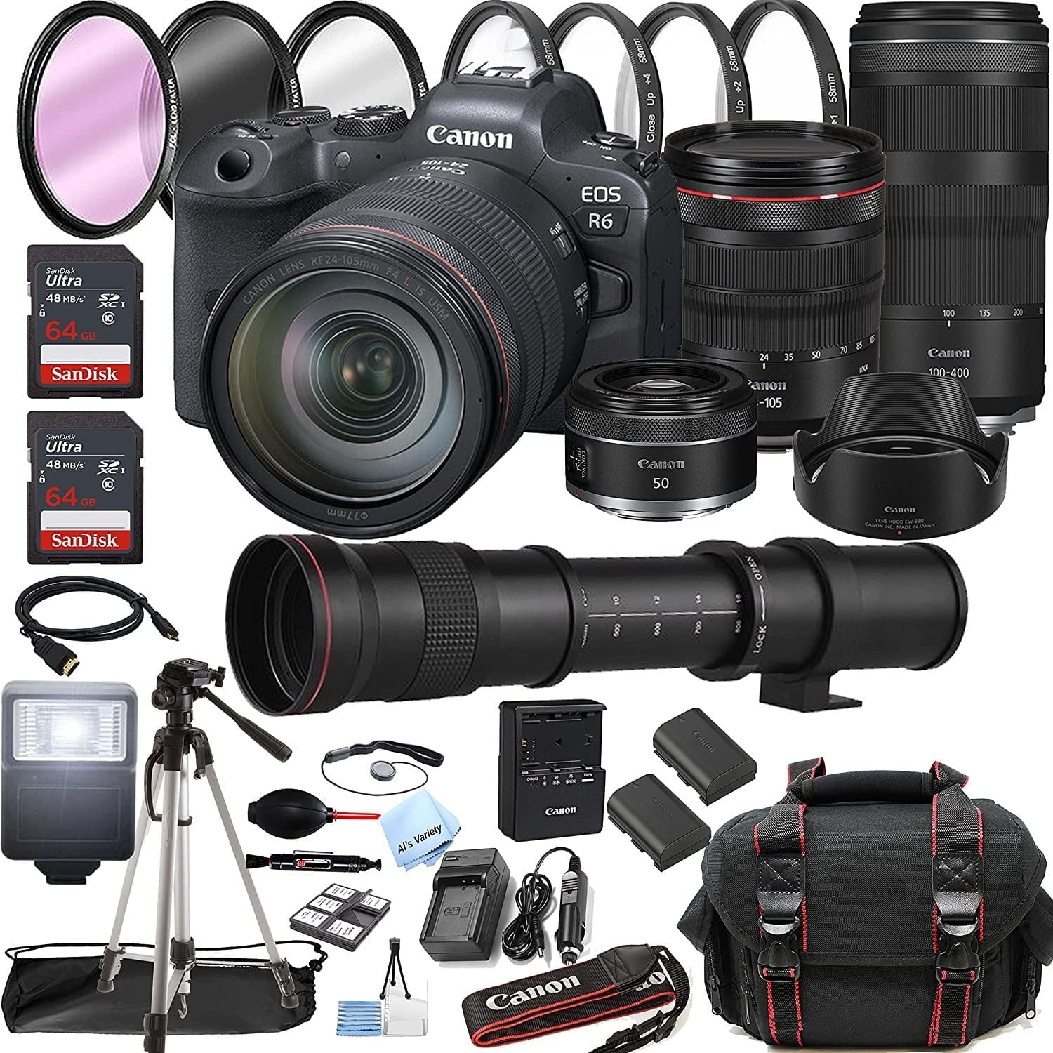 Canon EOS R6 Mirrorless Camera with RF 24-105mm, 100-400mm, 50mm, 420-800mm Lenses + Bundle ...