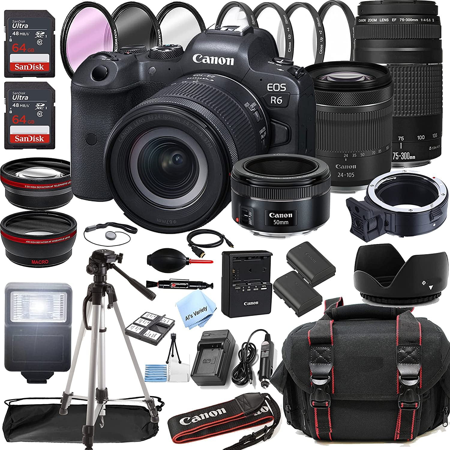 Canon EOS R6 Camera with 24-105mm, 75-300mm, 50mm Lenses + 128GB Memory ...